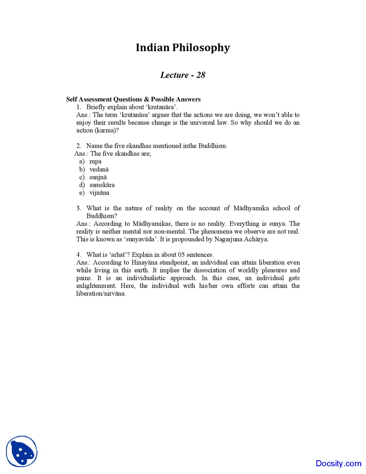 Krutanasa Indian Philosophy Solved Quiz Docsity