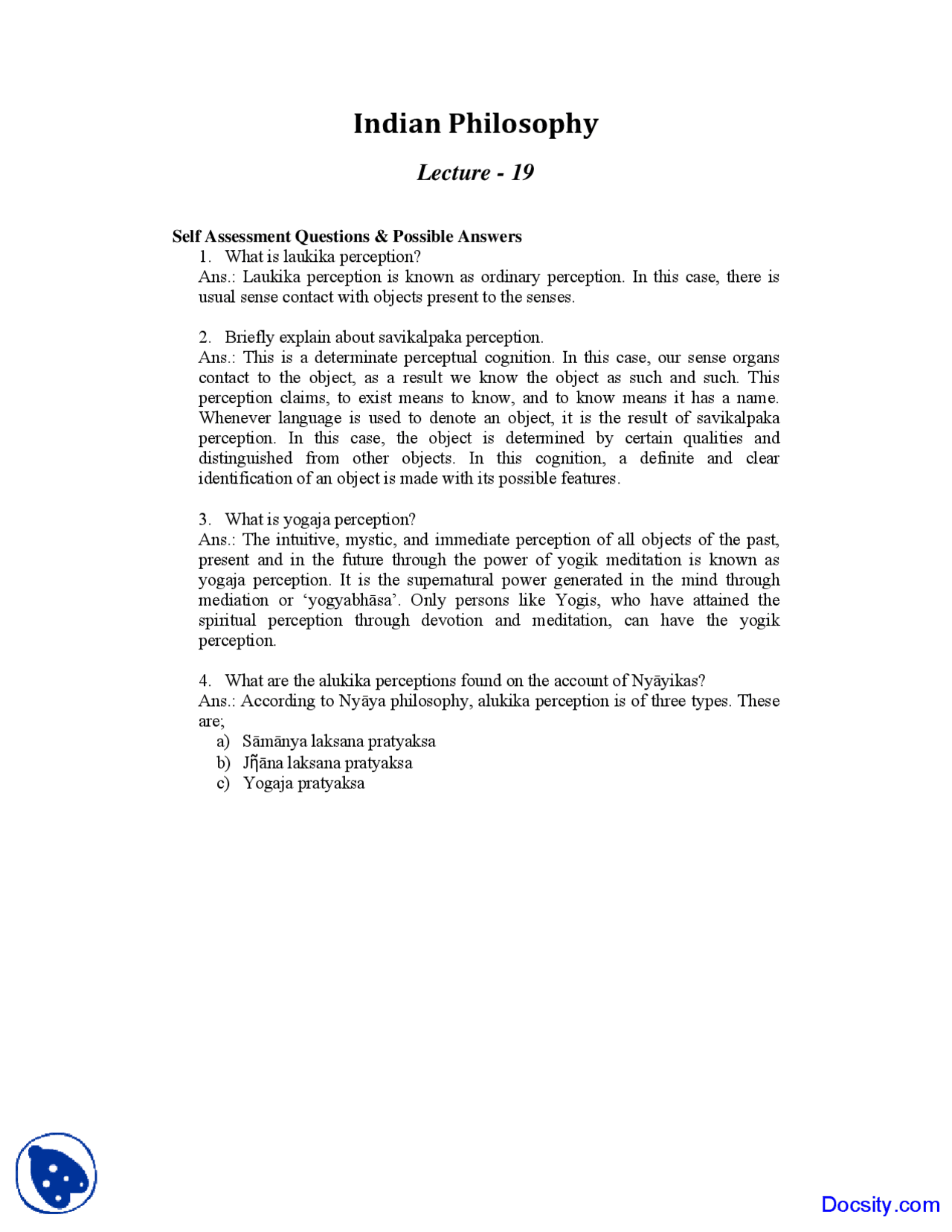 Laukika Perception Indian Philosophy Solved Quiz Docsity