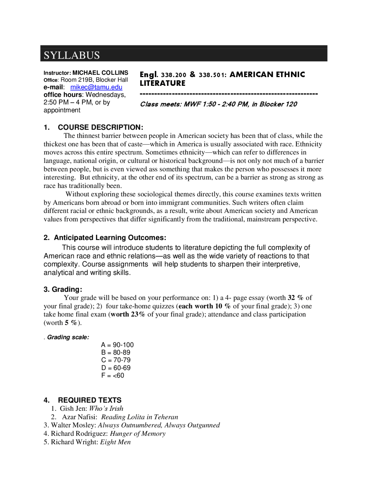American Ethnic Literature - Syllabus | ENGL 338 - Docsity