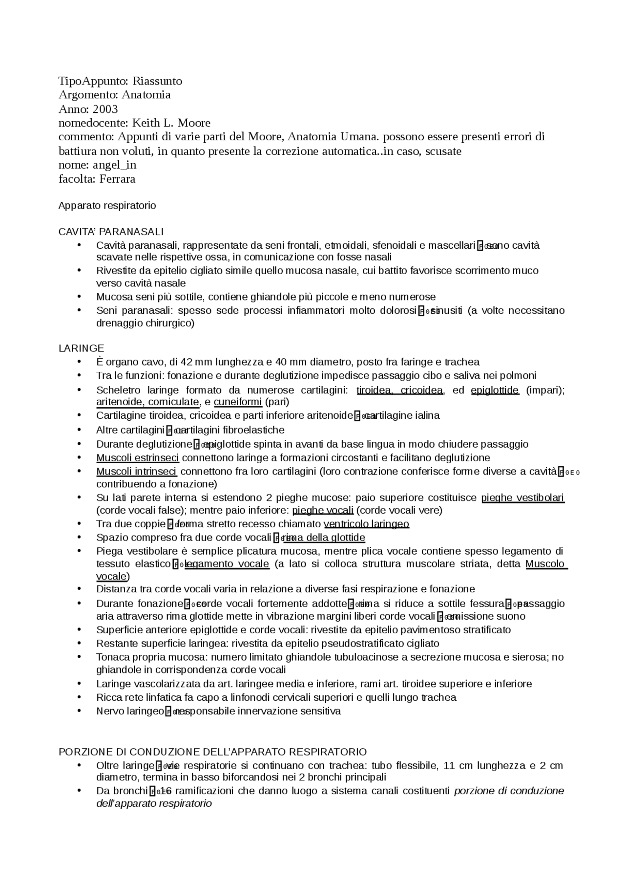 Lapparato Respiratorio Appunti Di Anatomia Docsity