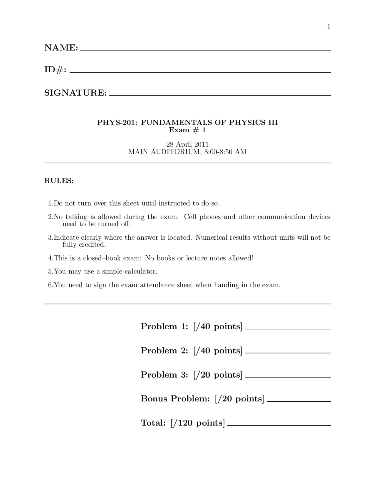 Practice Exam 1 Fundamentals Of Physics Iii Phys 201 Docsity