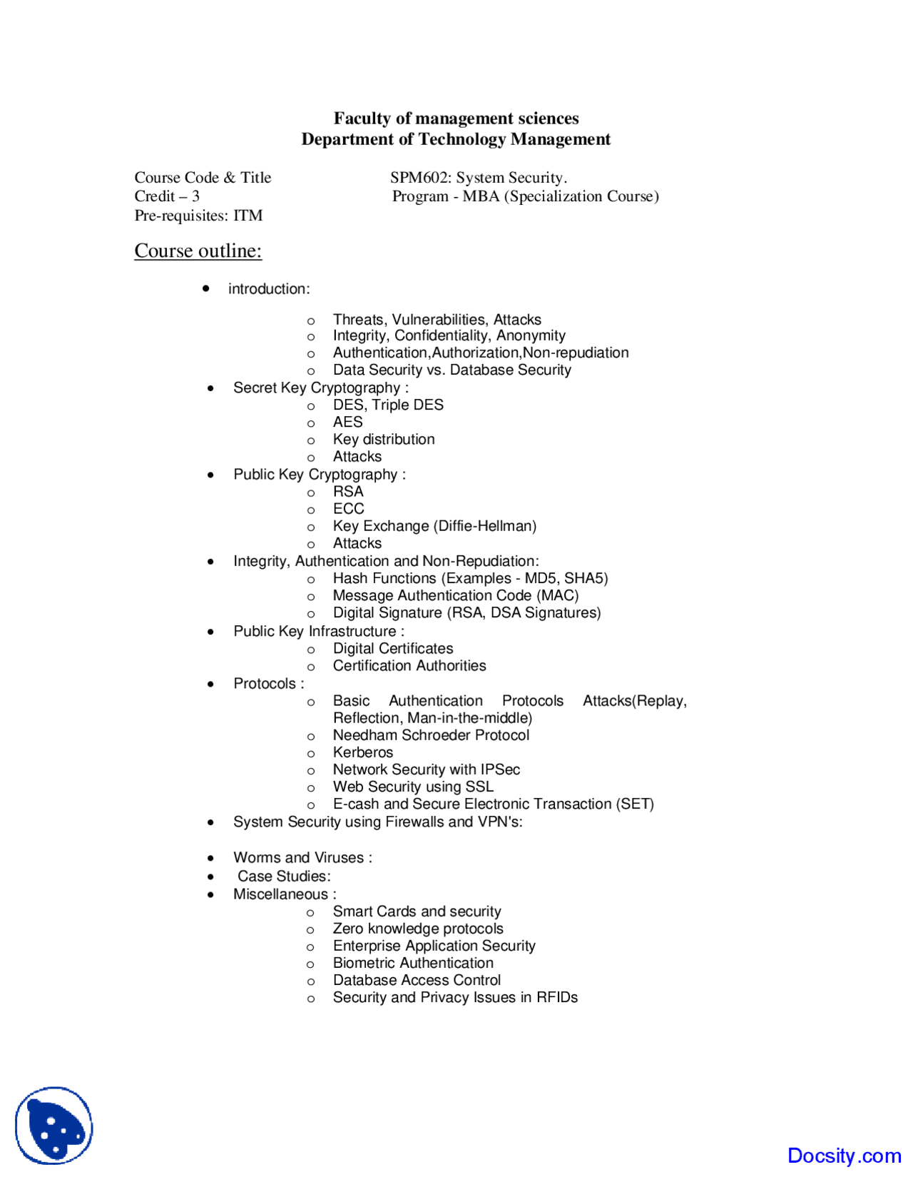 Introduction To System Security Management Sciences Course Outline