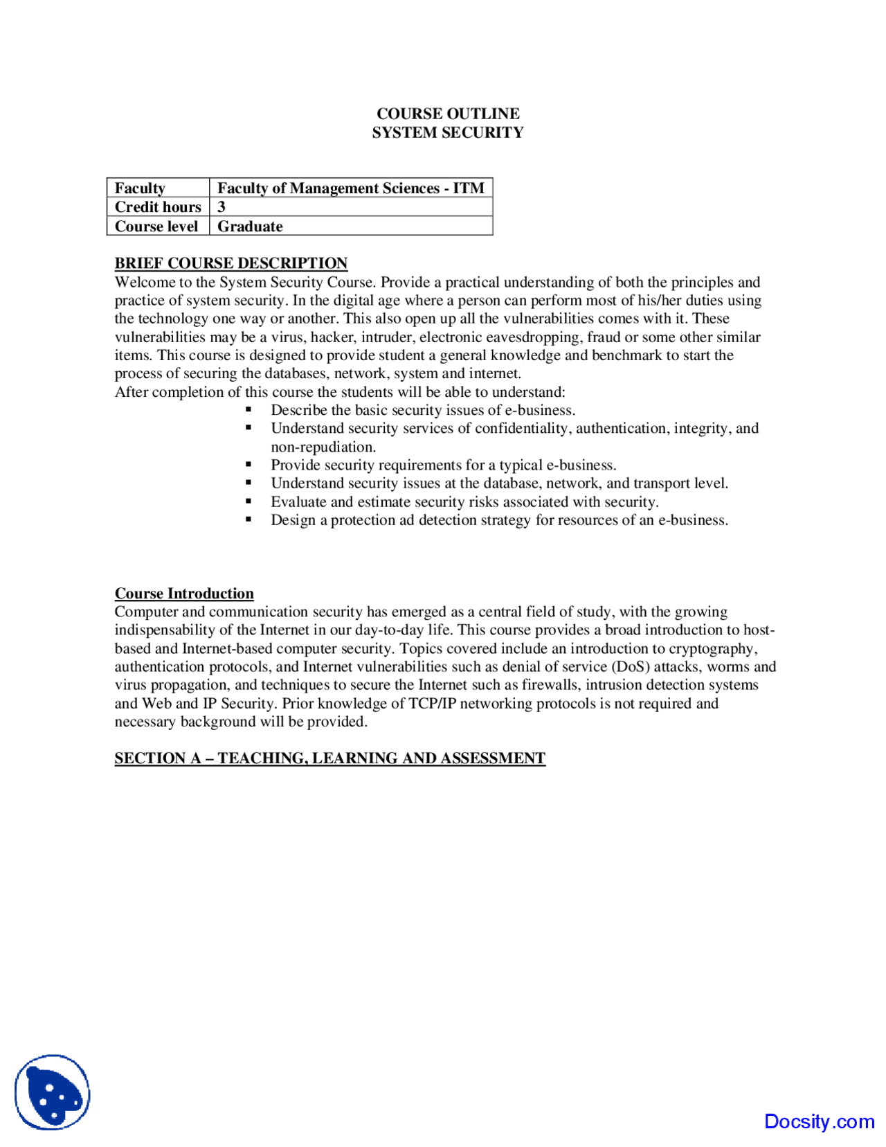 System Security Management Sciences Course Outline Docsity