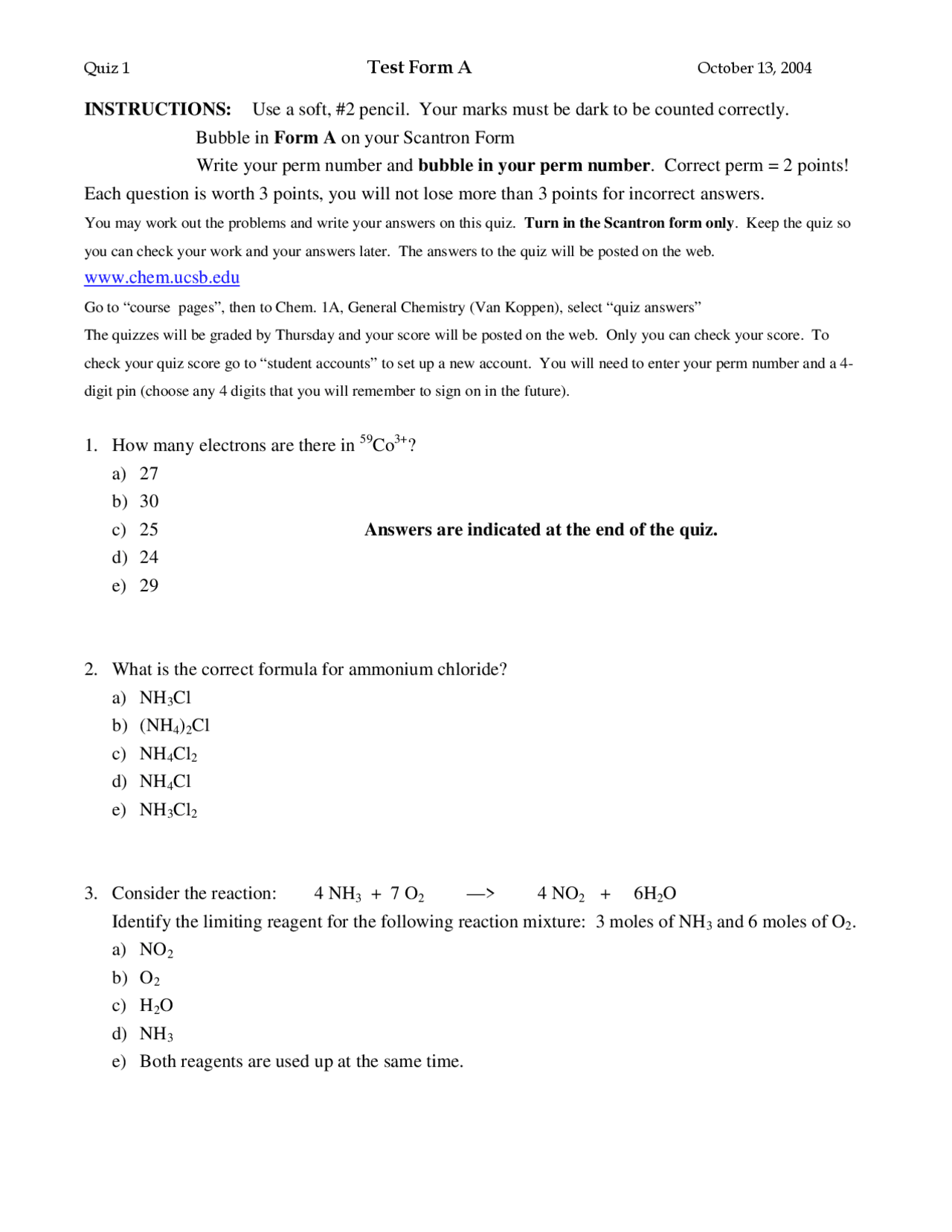 Quiz 1 Version A with Resolution - General Chemistry | CHEM 1A - Docsity