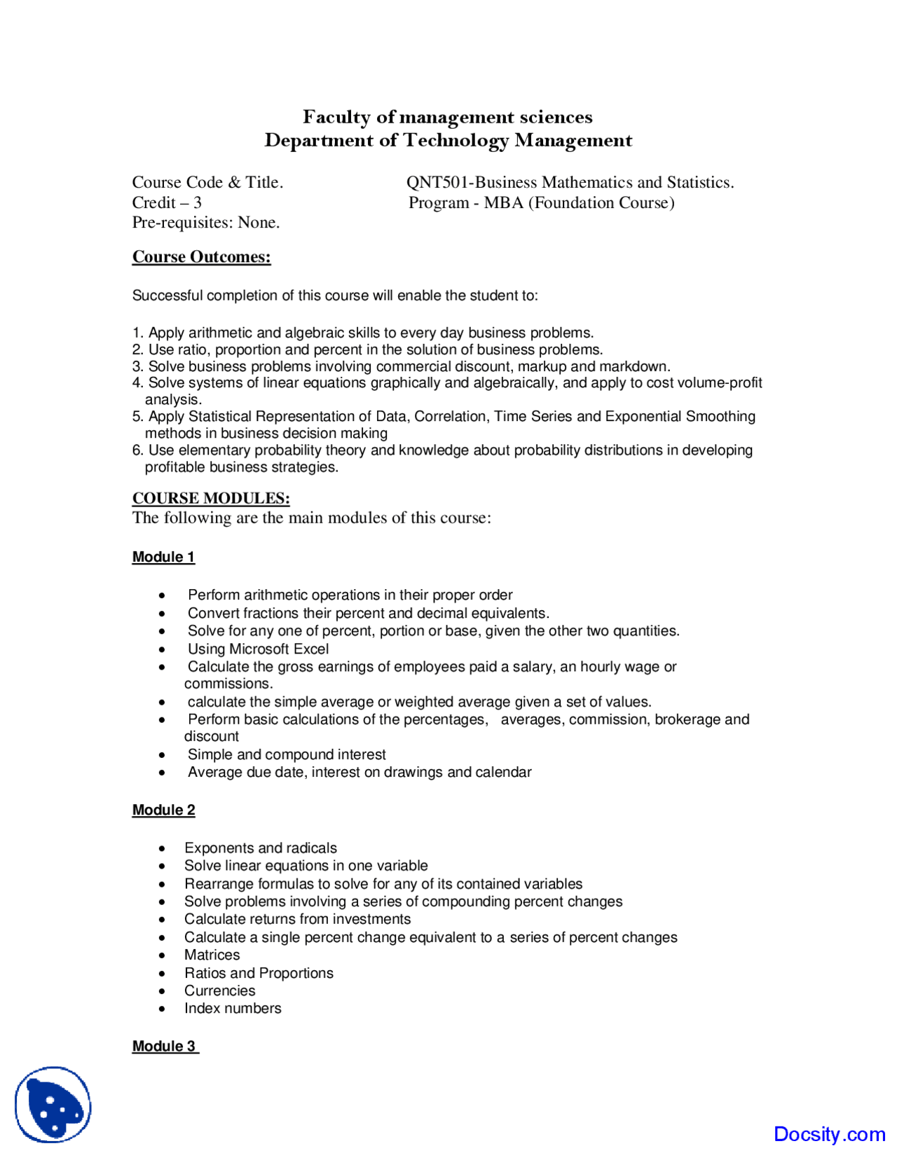 Business Statistics and Mathematics - Management Sciences - Course Outline - Docsity