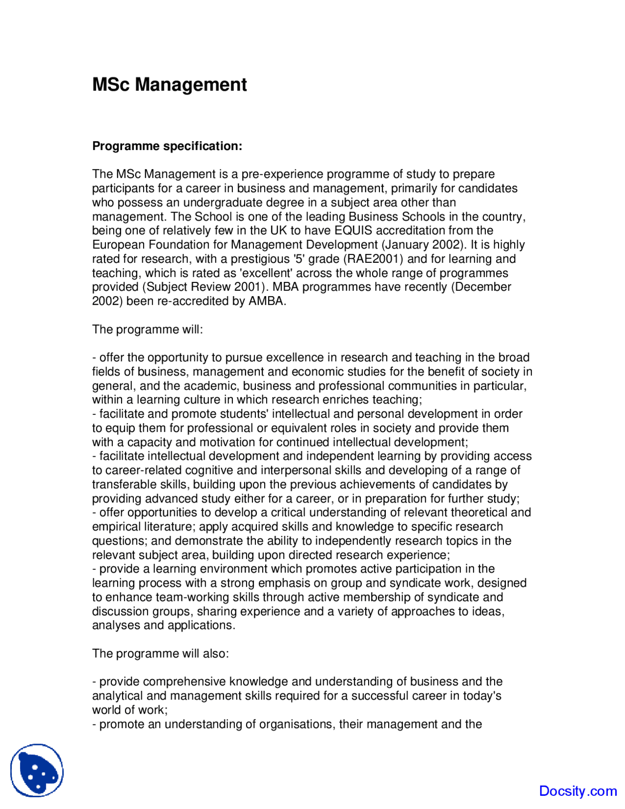Management Management Sciences Course Outline Docsity