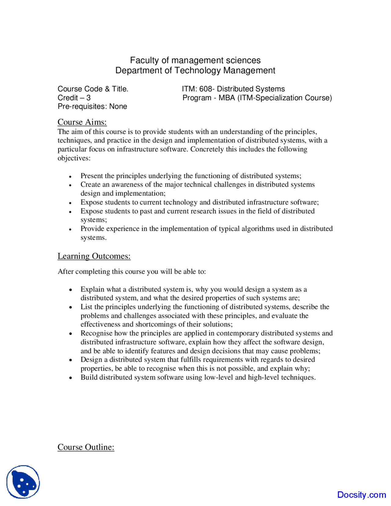 Distributed System Management Sciences Course Outline Lecture Notes Distributed Database