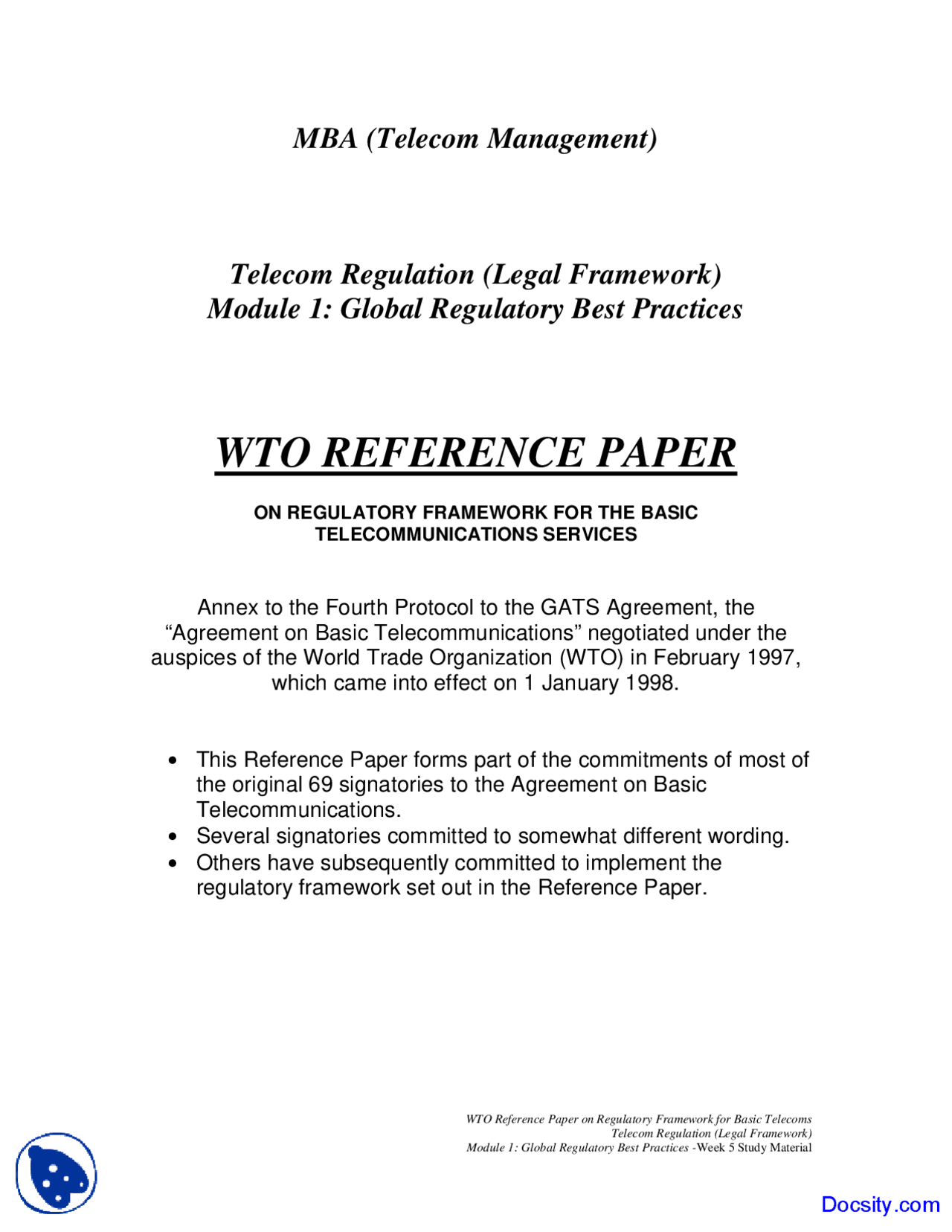 WTO Reference Paper - Telecom Management - Study Notes - Docsity