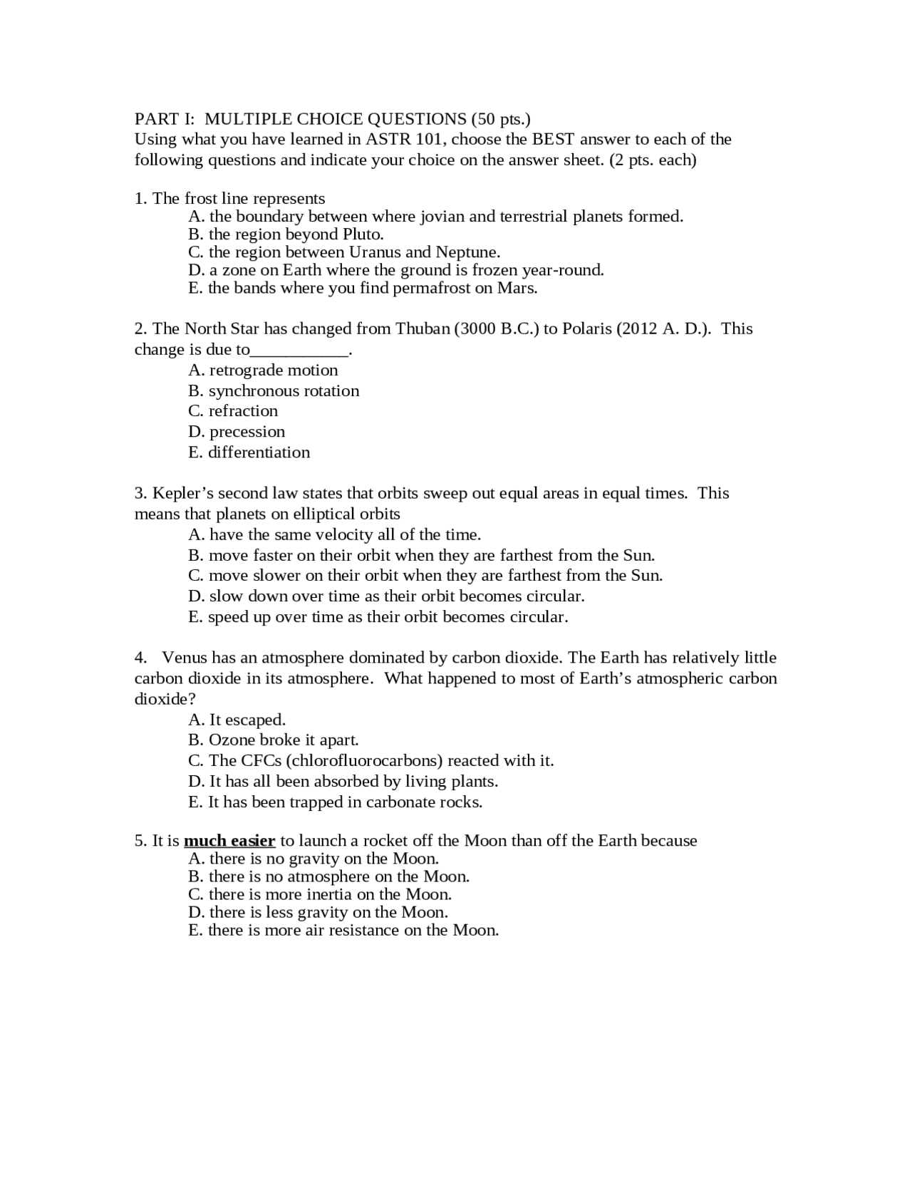 Exam 1 Problems General Astronomy Astr 101 Docsity