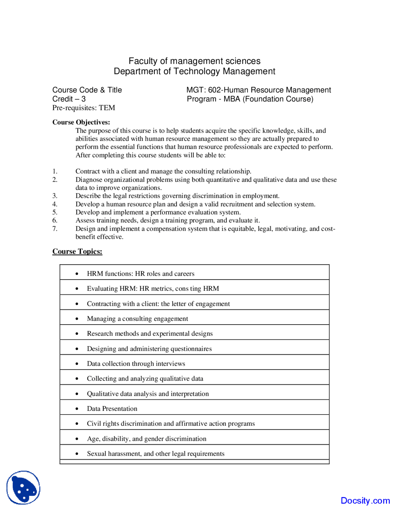 Human Resourse Management Management Sciences Course Outline Docsity
