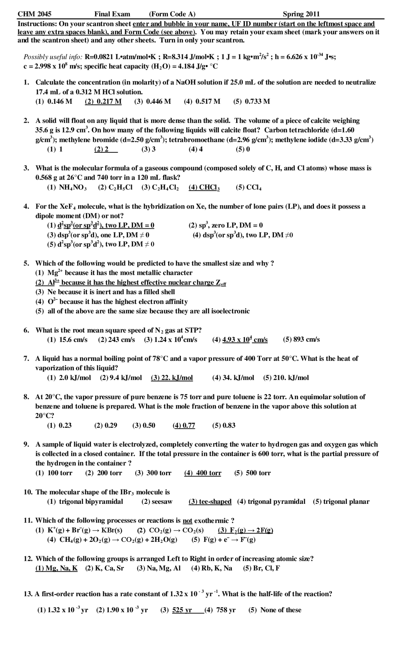 General Chemistry - Final Exam Spring 2011 | CHM 2045 - Docsity