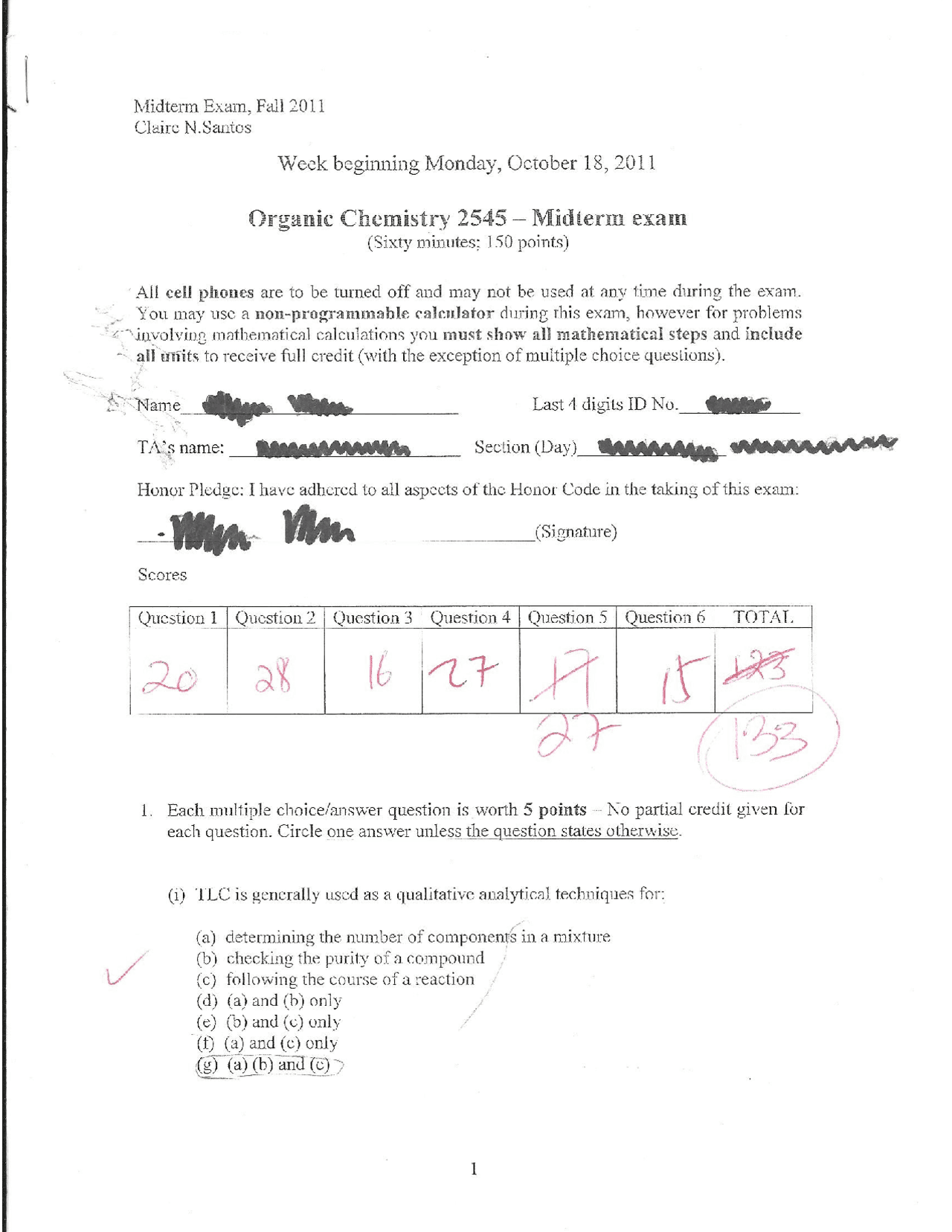 Midterm Exam for Organic Chemistry Laboratory - Fall 2011 | CHEM 2545 ...