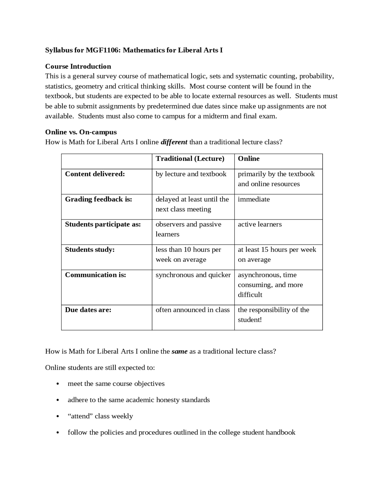 Syllabus For Mathematics For Liberal Arts I Mgf 1106 Docsity