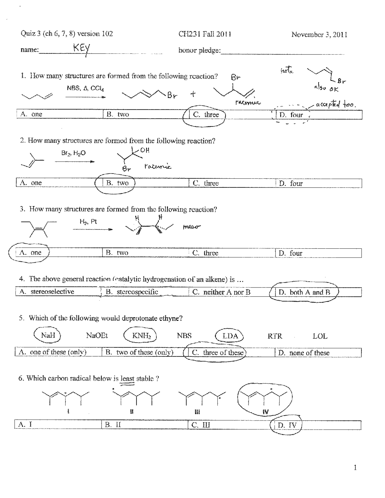 13 Solved Questions in Quiz 3 - Elementary Organic Chemistry I | CH 231 ...