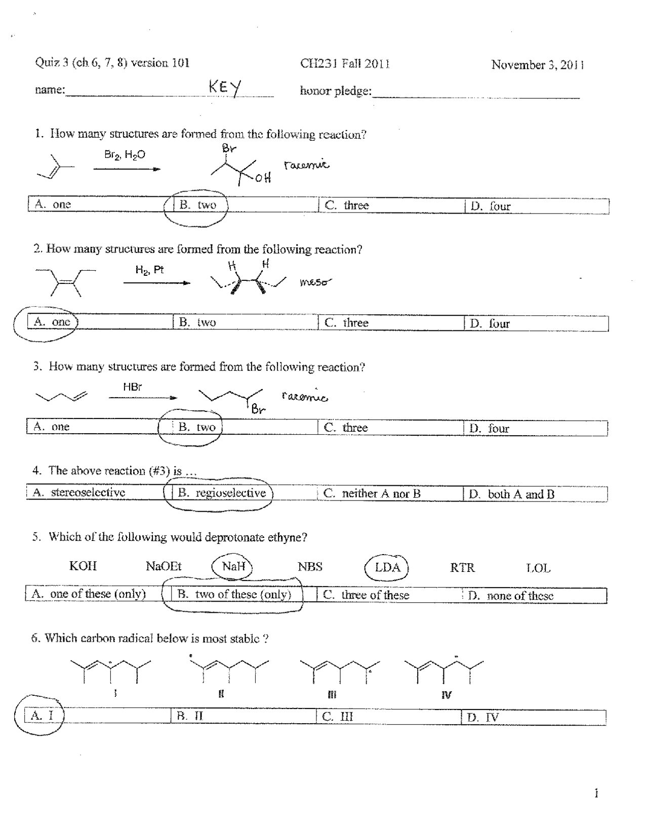 13 Mcqs With Answers Key On Elementary Organic Chemistry I Quiz 3