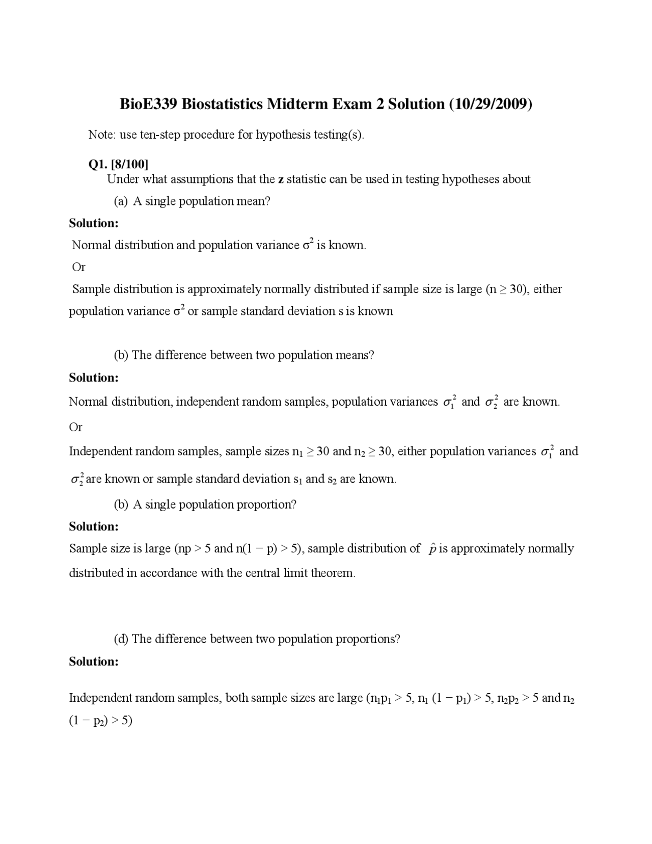 Midterm Exam 2 Solution For Biostatistics I Bioe 339 Docsity