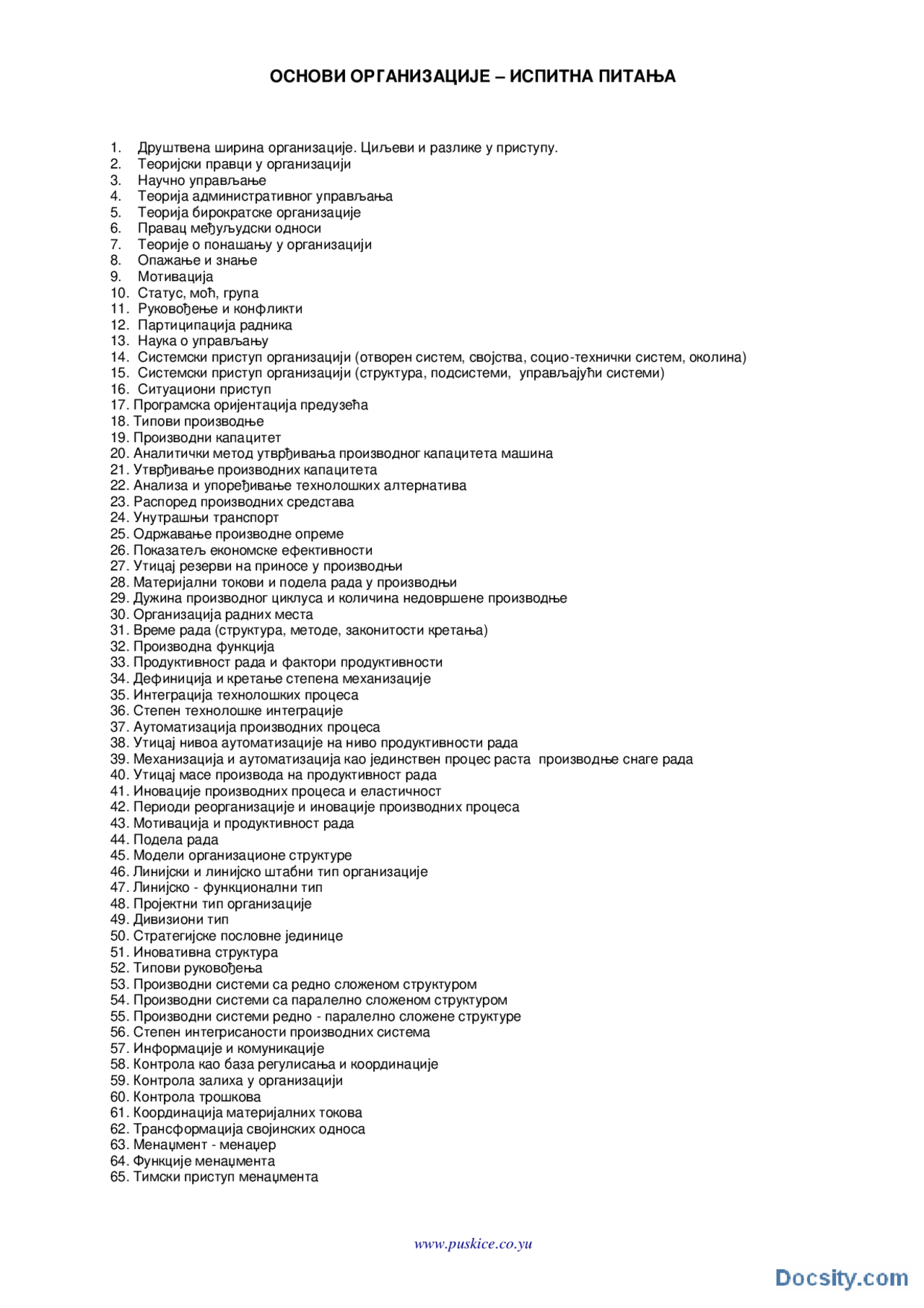Ipsitna Pitanja Ispit Osnovi Organizacije1 Fakultet Organizacionih