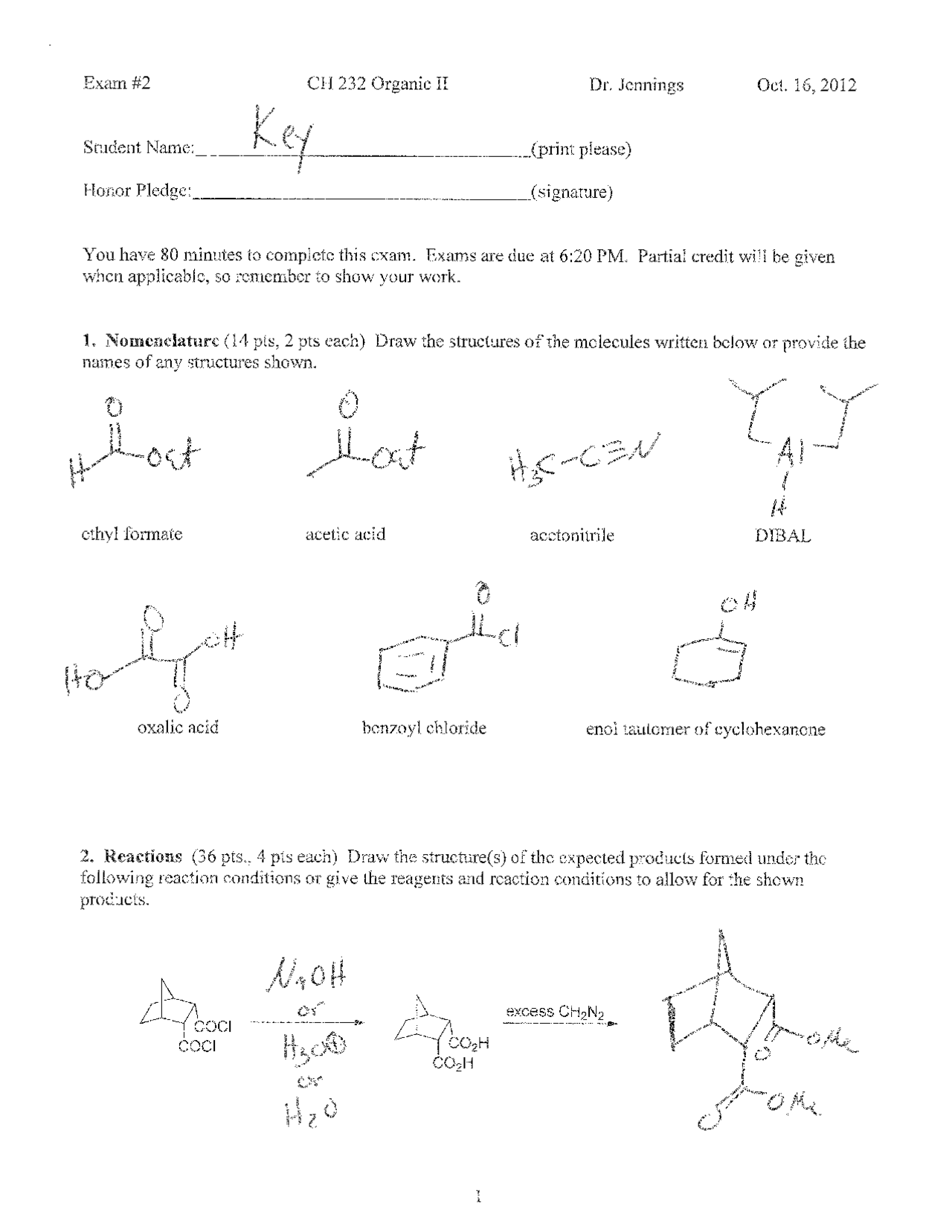 6 Questions With Key In Exam 2 Elementary Organic Chemistry Ii Ch