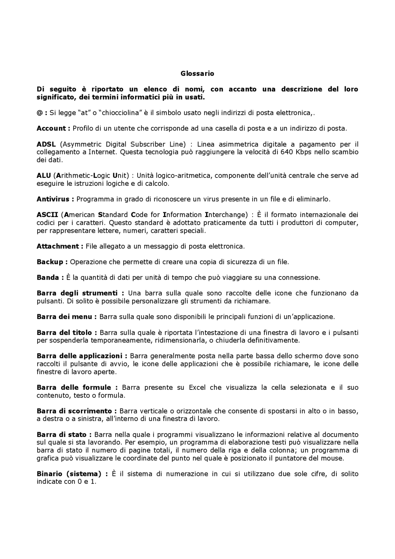 Termini Informatici Glossario Informatica Docsity