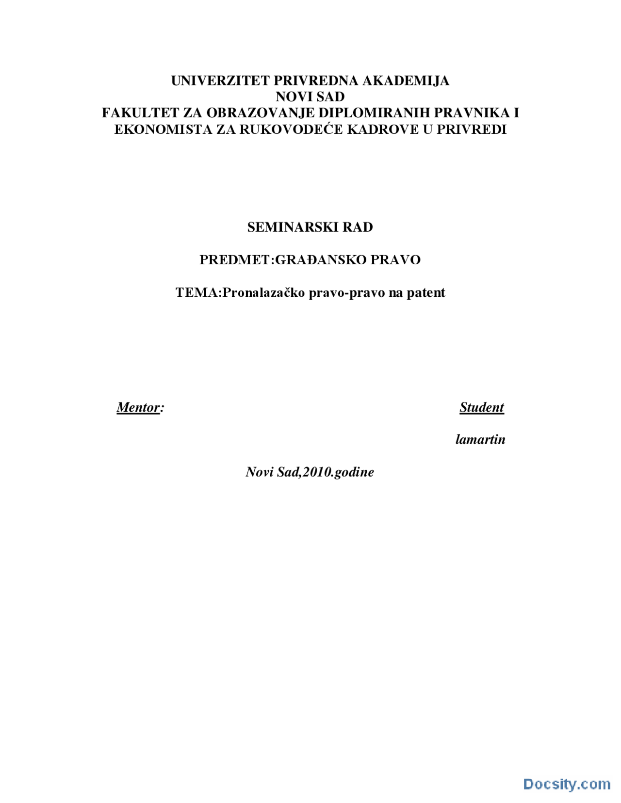 Patentno pravo -Seminarski rad-Pravo-Gradjansko pravo | Maturalni radovi' predlog Građansko ...