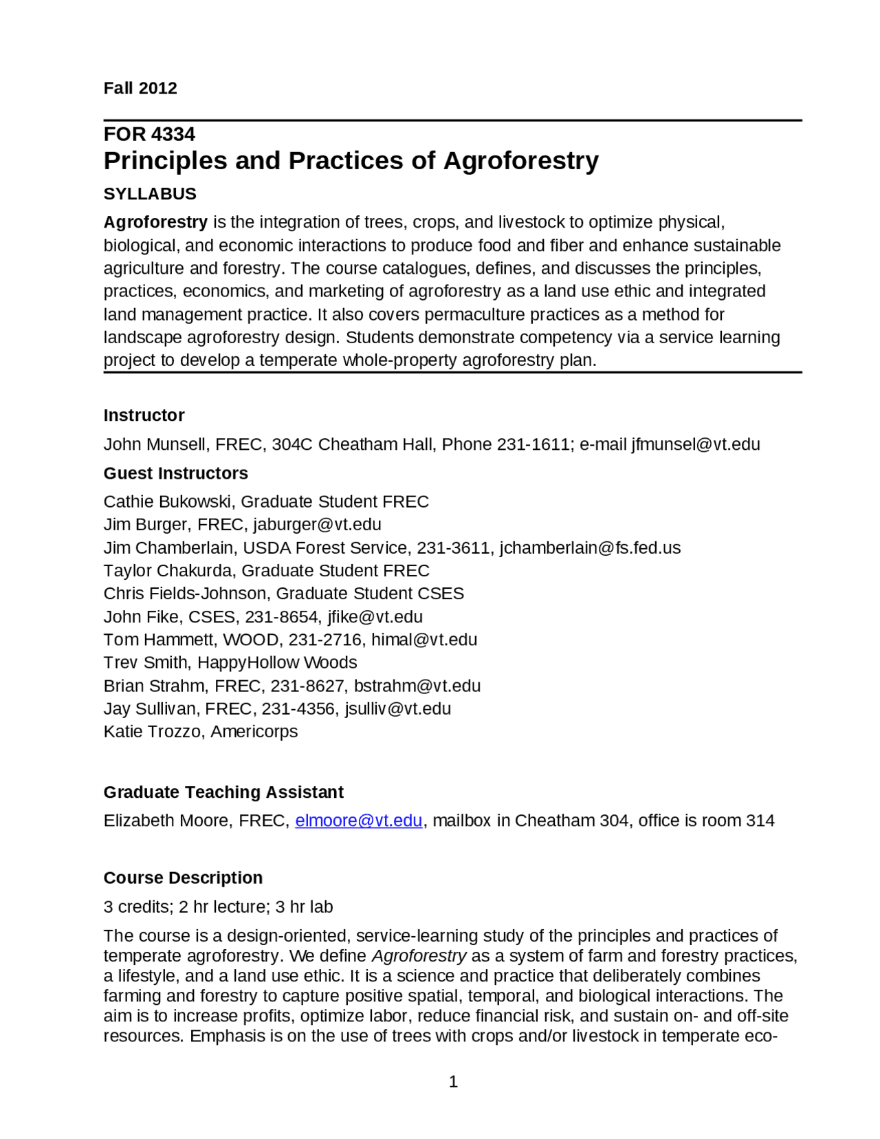 Principles of Practice of Agroforestry - Syllabus | FOR 4334 - Docsity