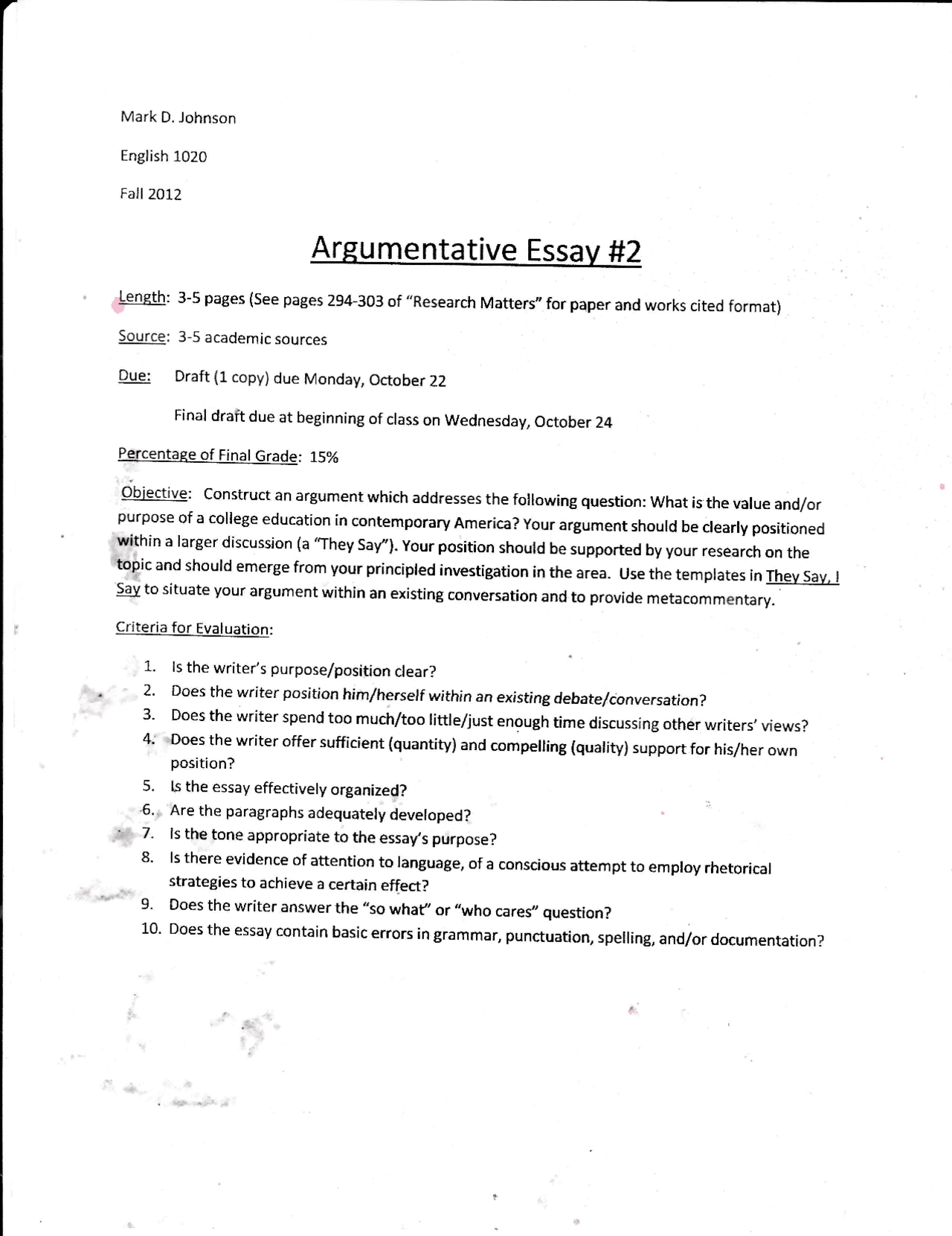 Argumentative - Essay 2 Assignment Sheet | English Composition II | ENGL 1020 | Exams English ...