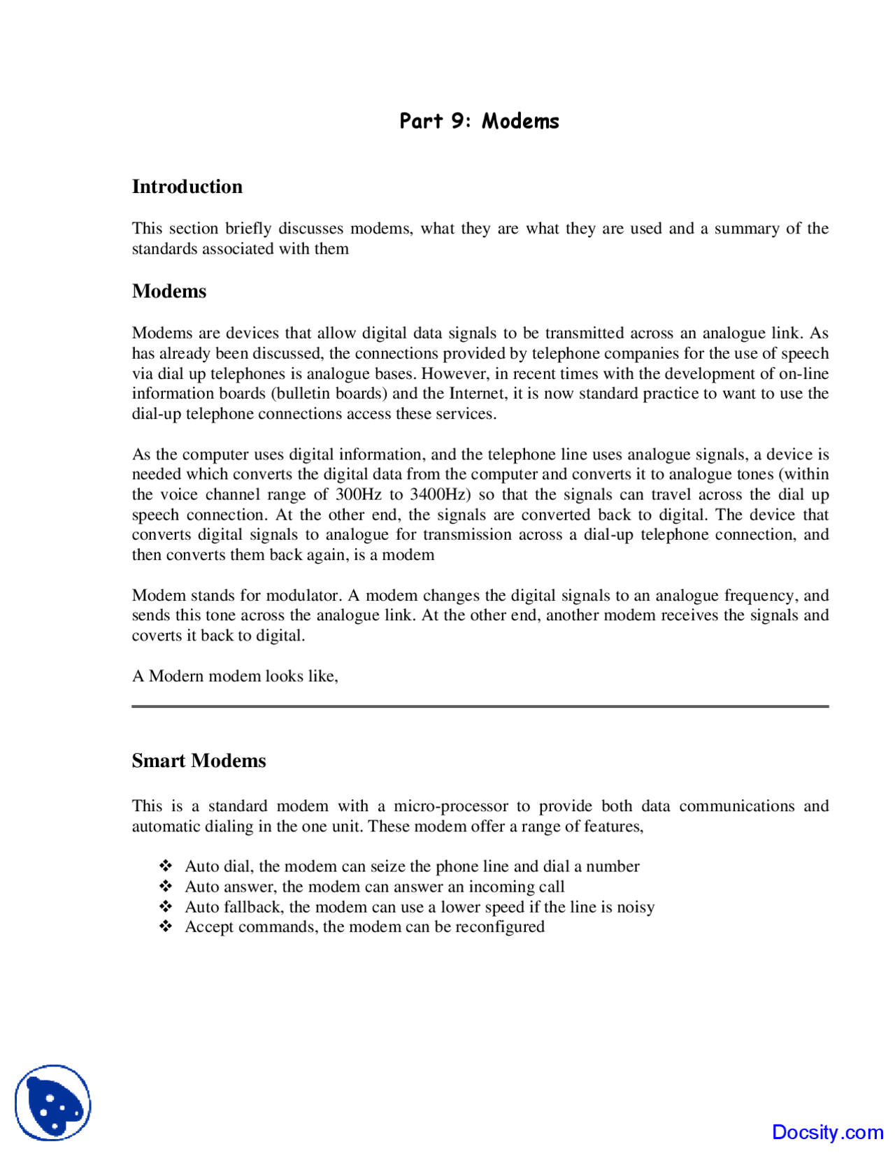 Modems Types Of Modems Telecommunications Lecture Notes Docsity