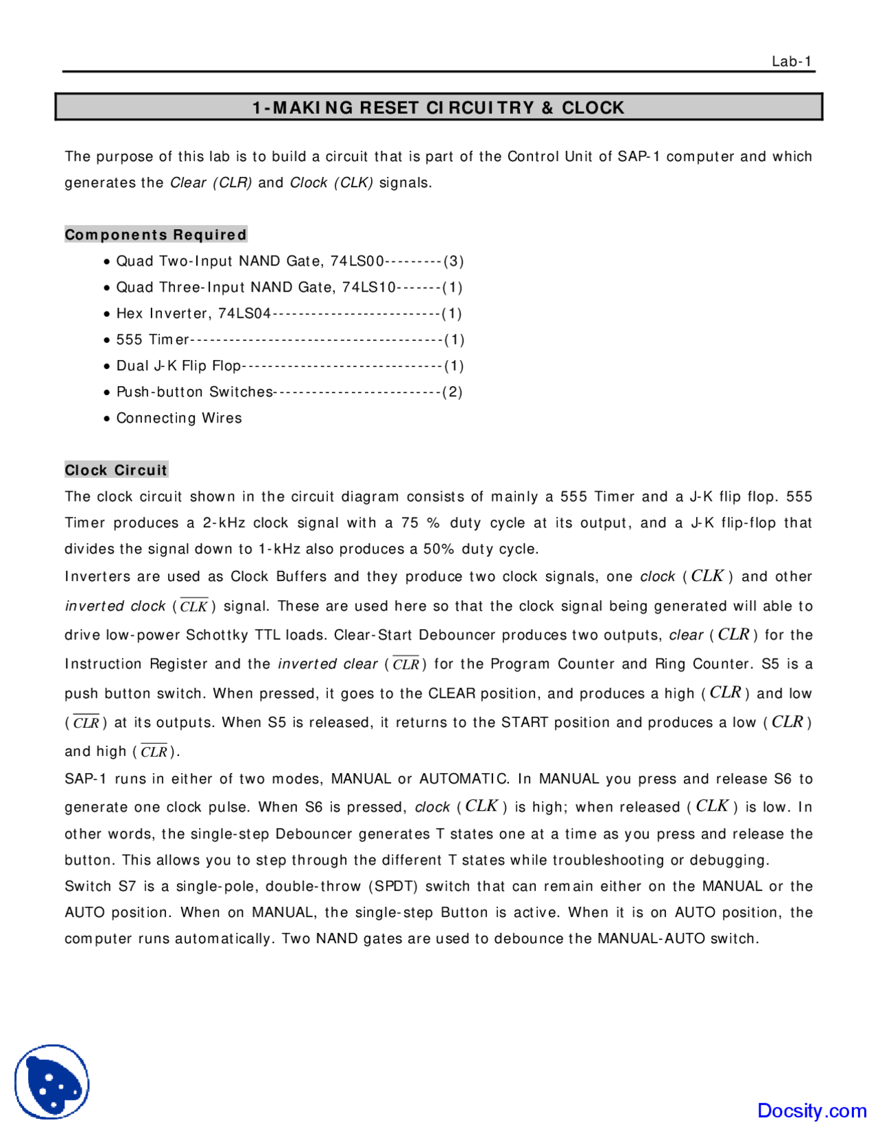 Making Reset Circuitry, Clock - Computer Architecture - Lab Manual - Docsity