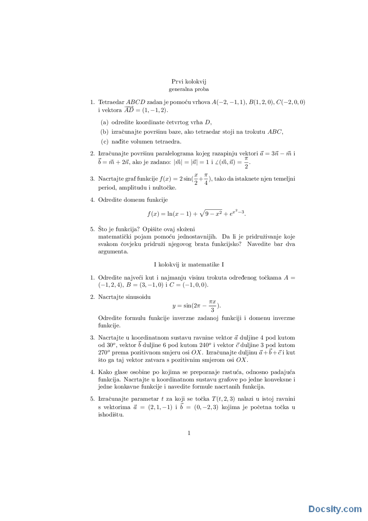 Kolokvijum-Ispit-Matematika 1-Saobracajni fakultet | Ispiti' predlog Matematika - Docsity