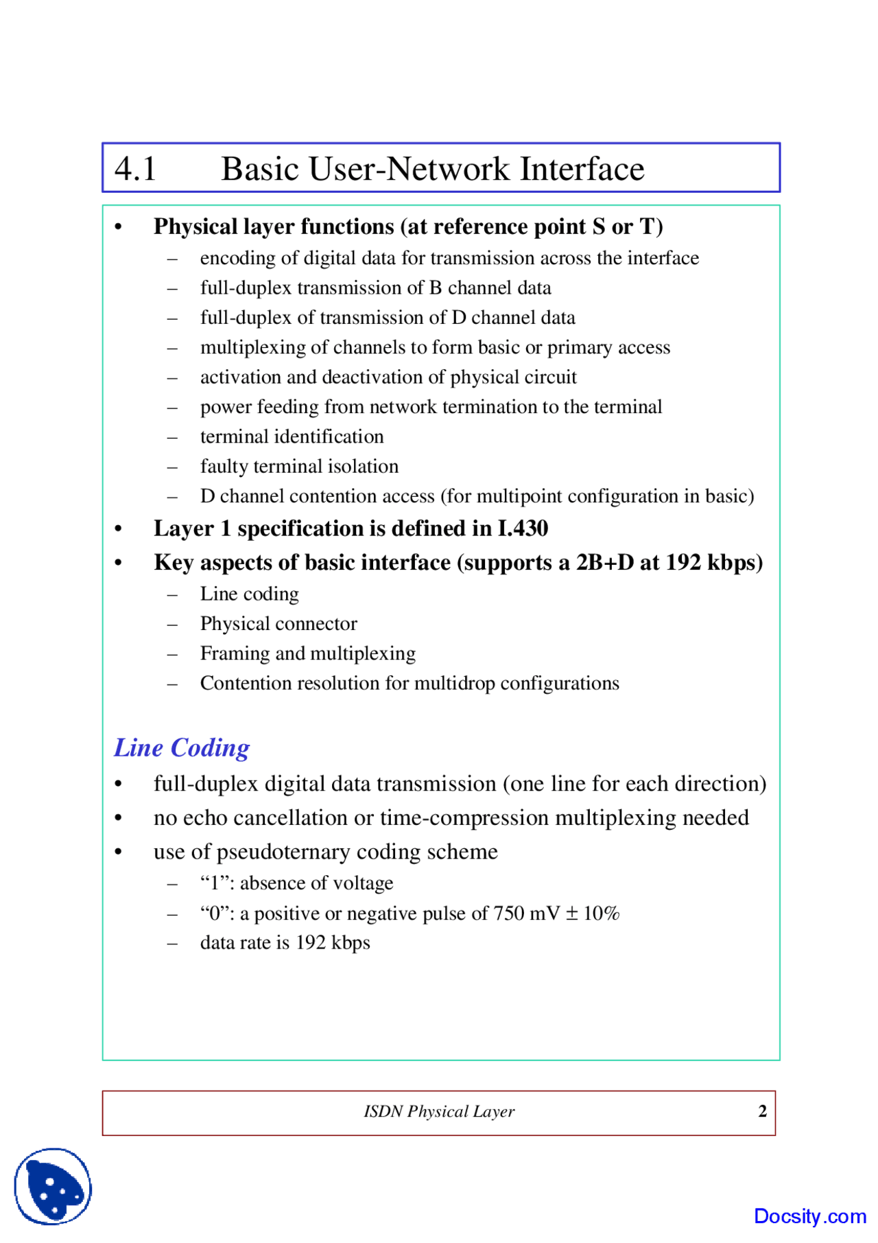 Isdn Physical Layer Advanced Communication Network Lecture Notes