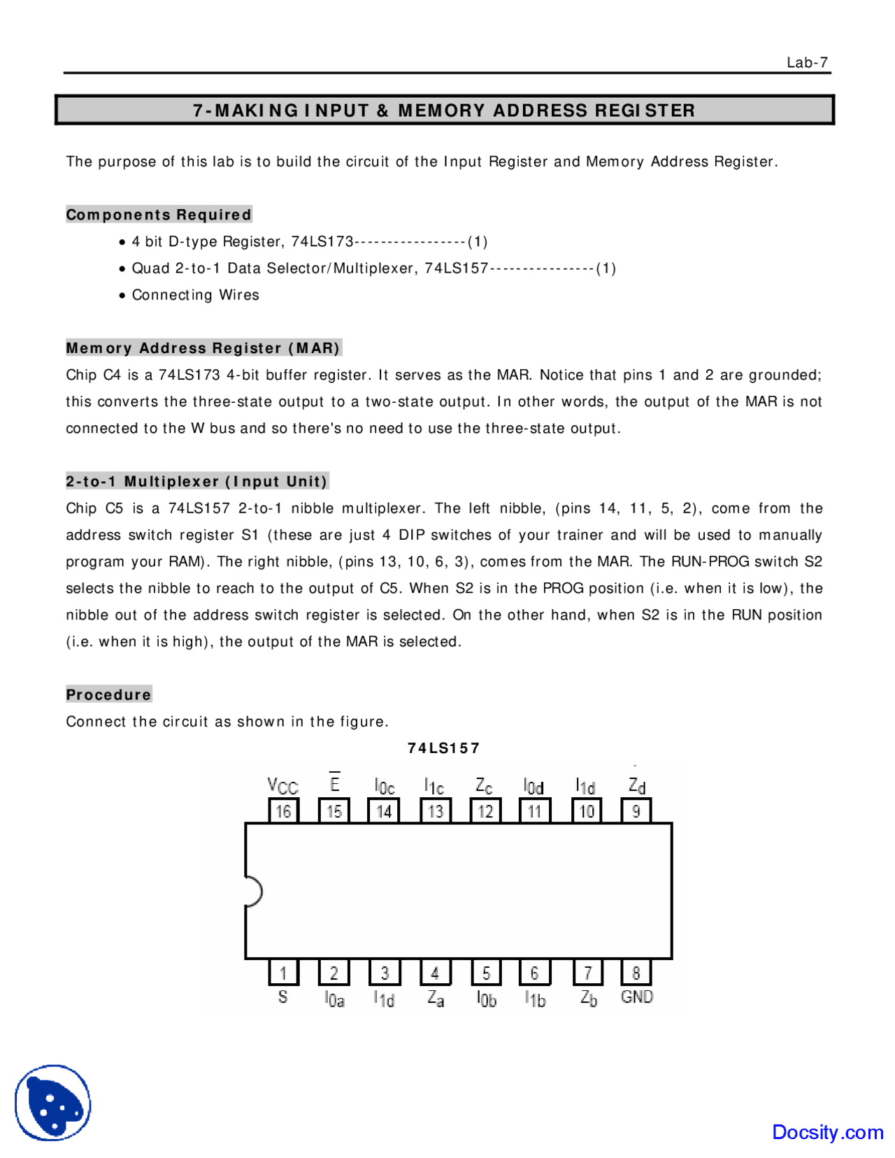 Input, Memory Address Register - Computer Architecture - Lab Manual ...
