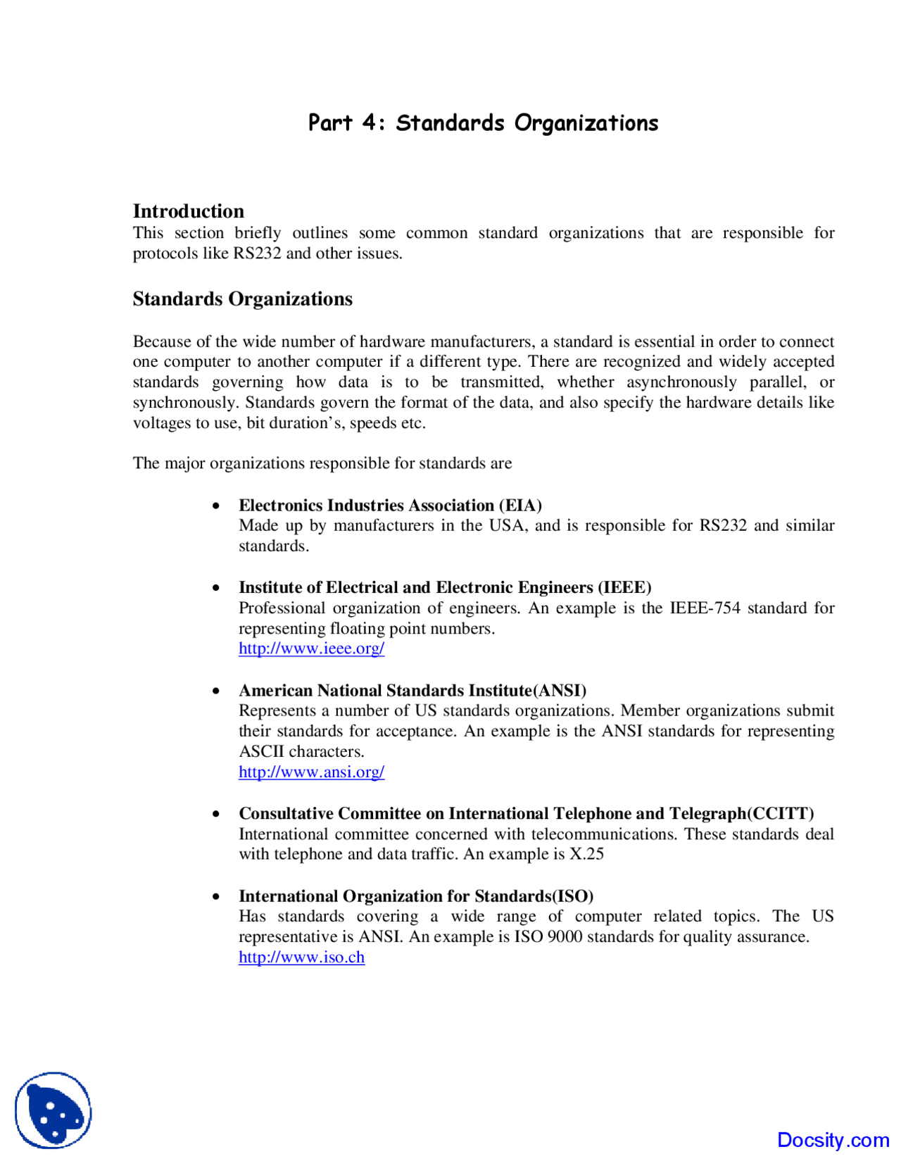 Standards Organizations Telecommunications Lecture Notes Docsity