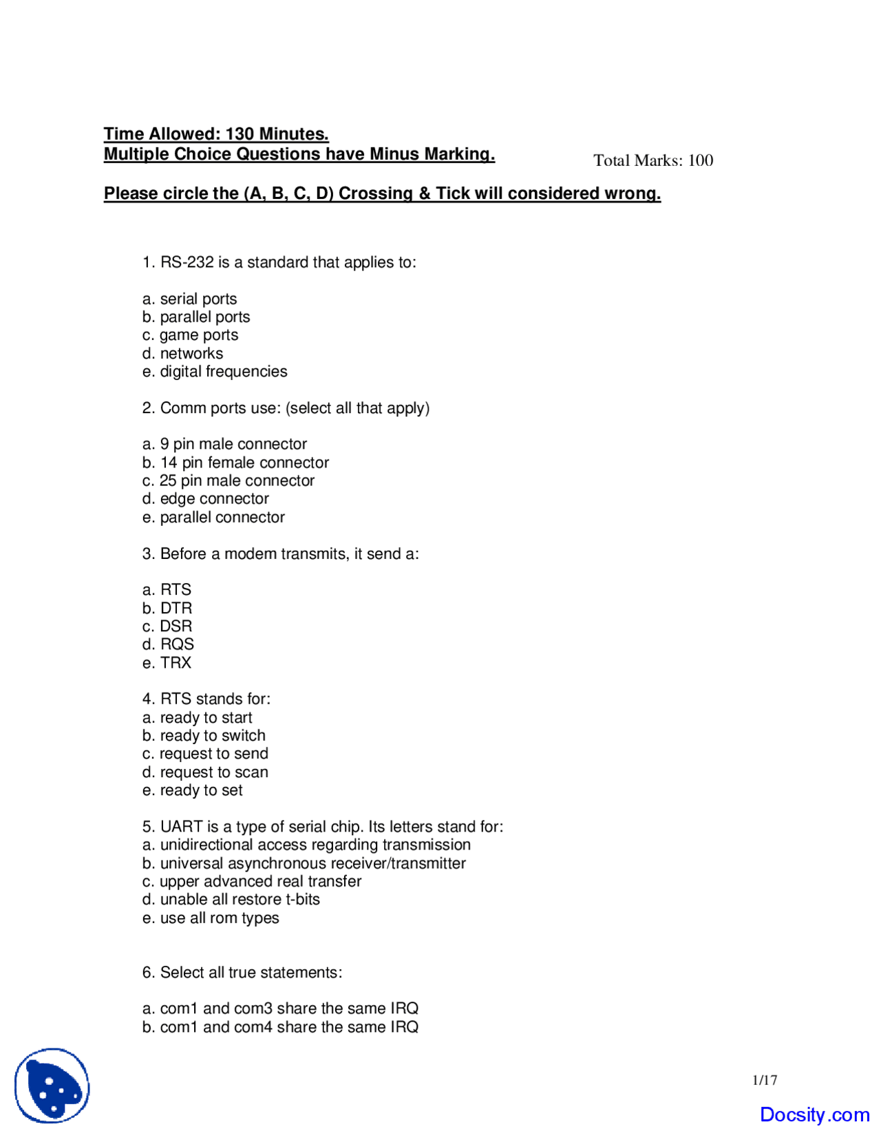 Digital Frequencies, RST, CD ROMS - Computer Architecture - Exam Paper - Docsity