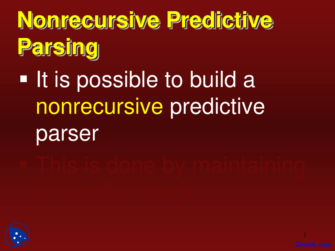 Nonrecursive Predictive Parsing Compiler Construction Lecture
