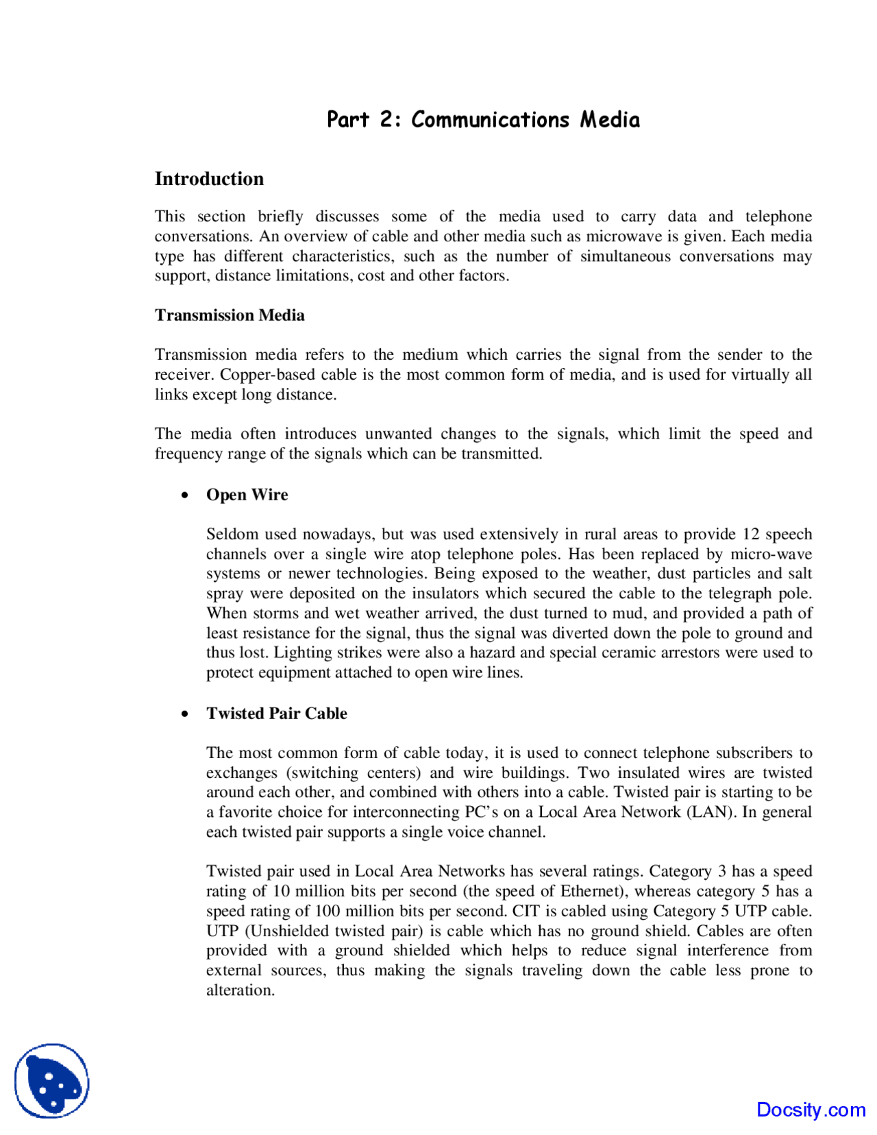 Communications And Transmission Media Telecommunications Lecture Notes Docsity