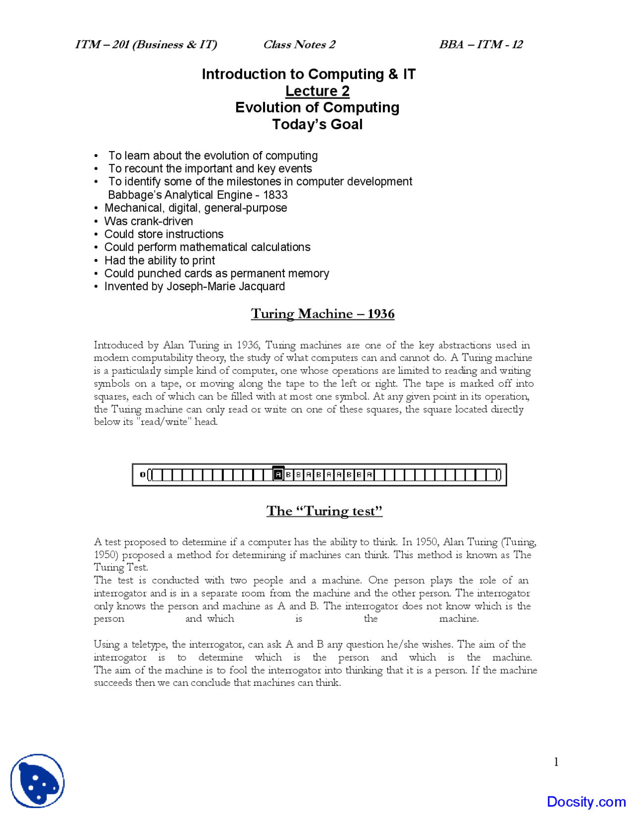 Evolution of Computing, Today Goal - Introduction to Computing and IT ...