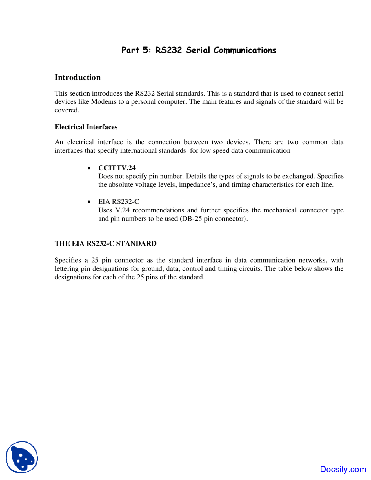 Rs232 Serial Communications Telecommunications Lecture Notes Docsity