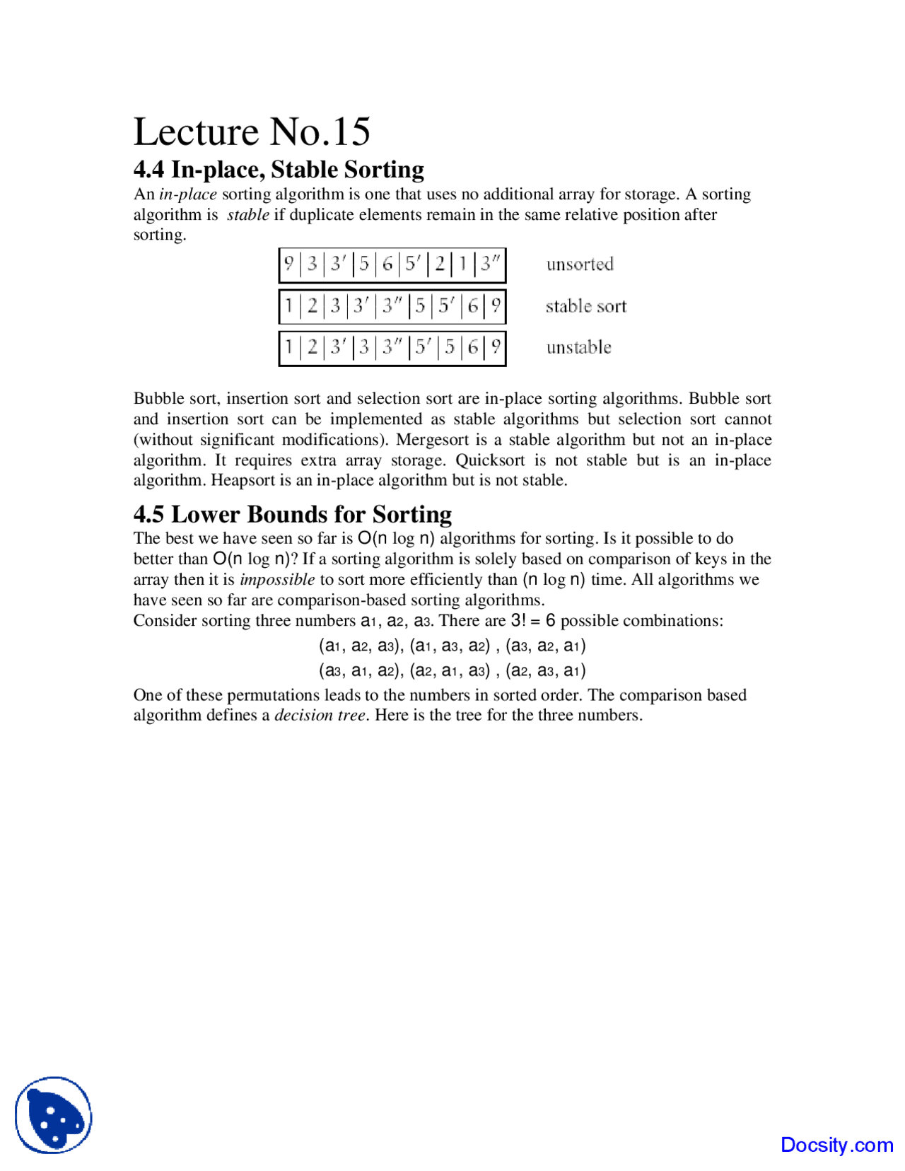 Lower Bounds for Sorting, Stable Sorting - Design and Analysis - Study ...