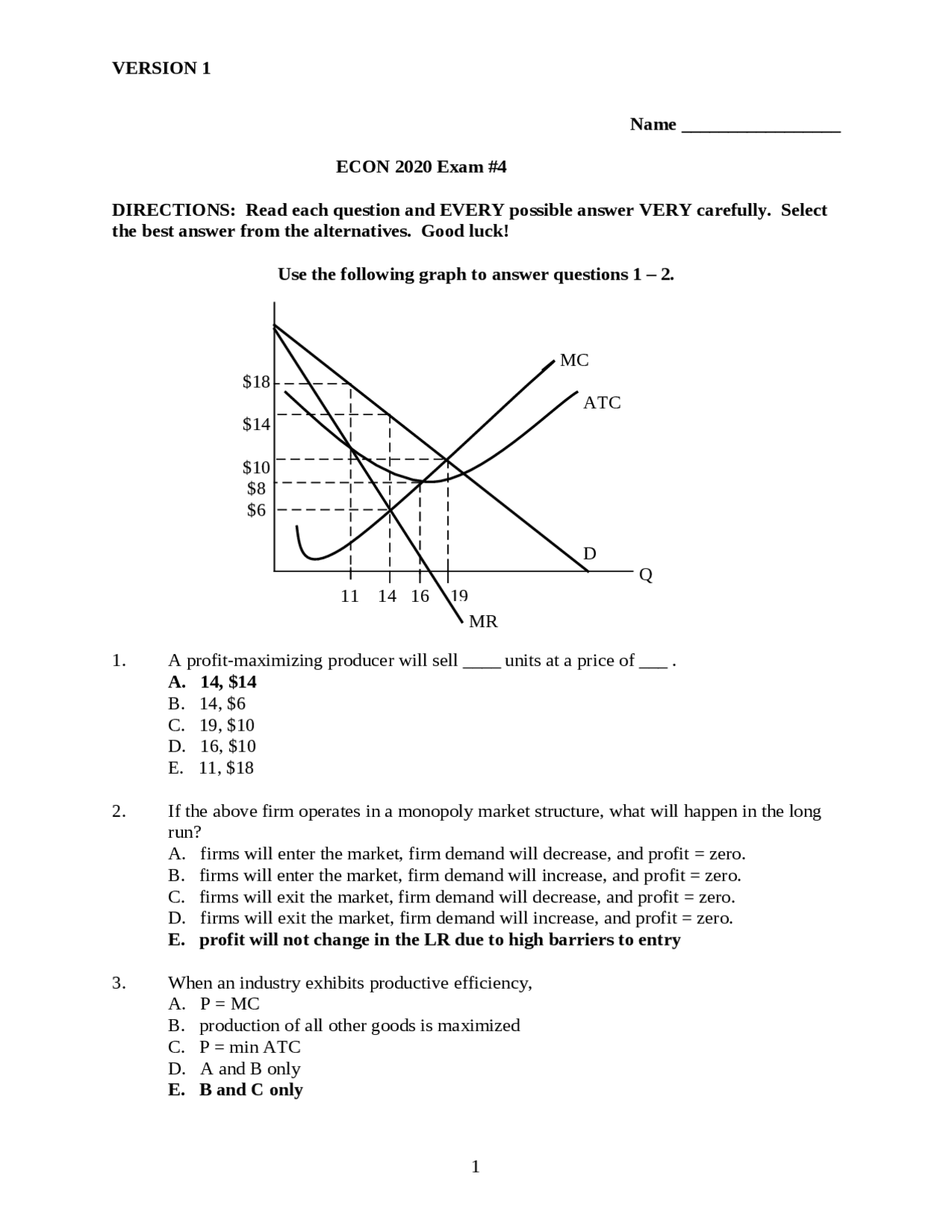 Principles of Microeconomics - Practice Exam 4 | ECON 2020 - Docsity