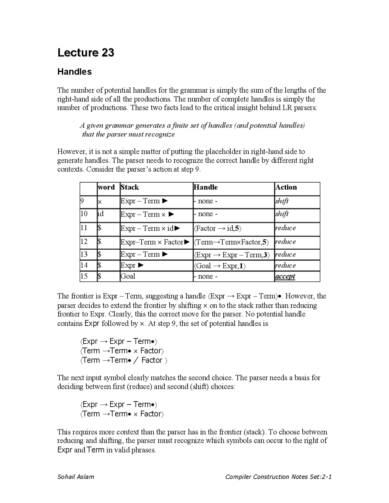 Handles, Parsers - Compiler Construction - Lecture Notes - Docsity