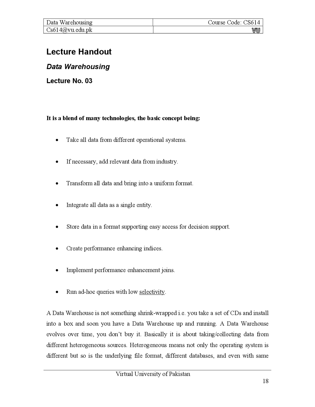 On Line Transaction Processing Data Warehousing Lecture Handouts