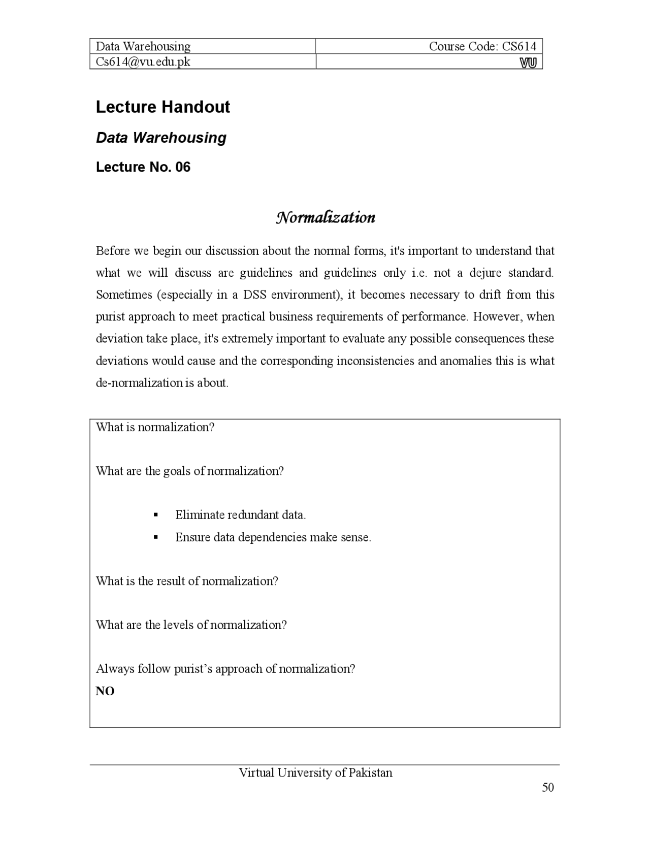 Normalization Data Warehousing Lecture Handouts Docsity