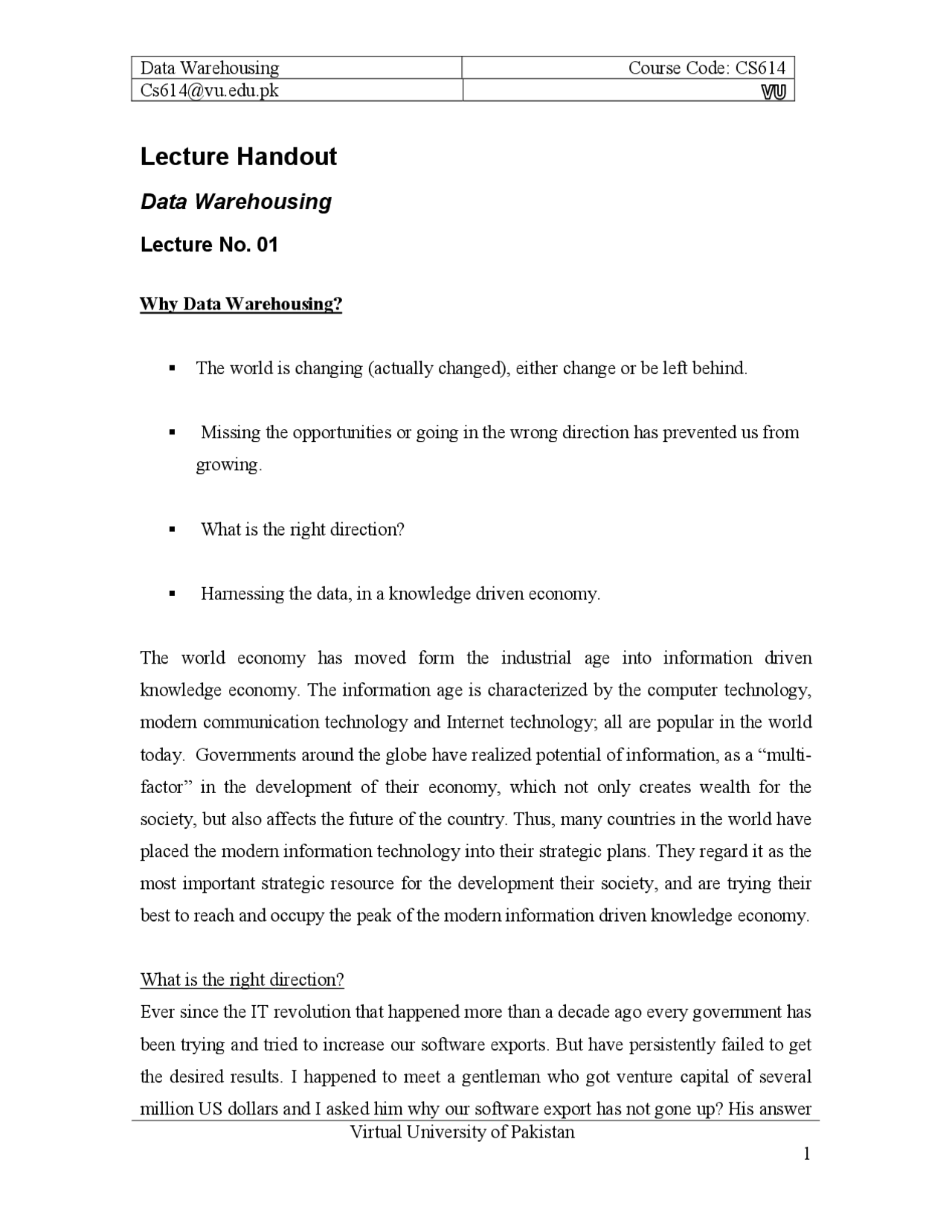 Data Warehousing Data Warehousing Lecture Handouts Lecture Notes