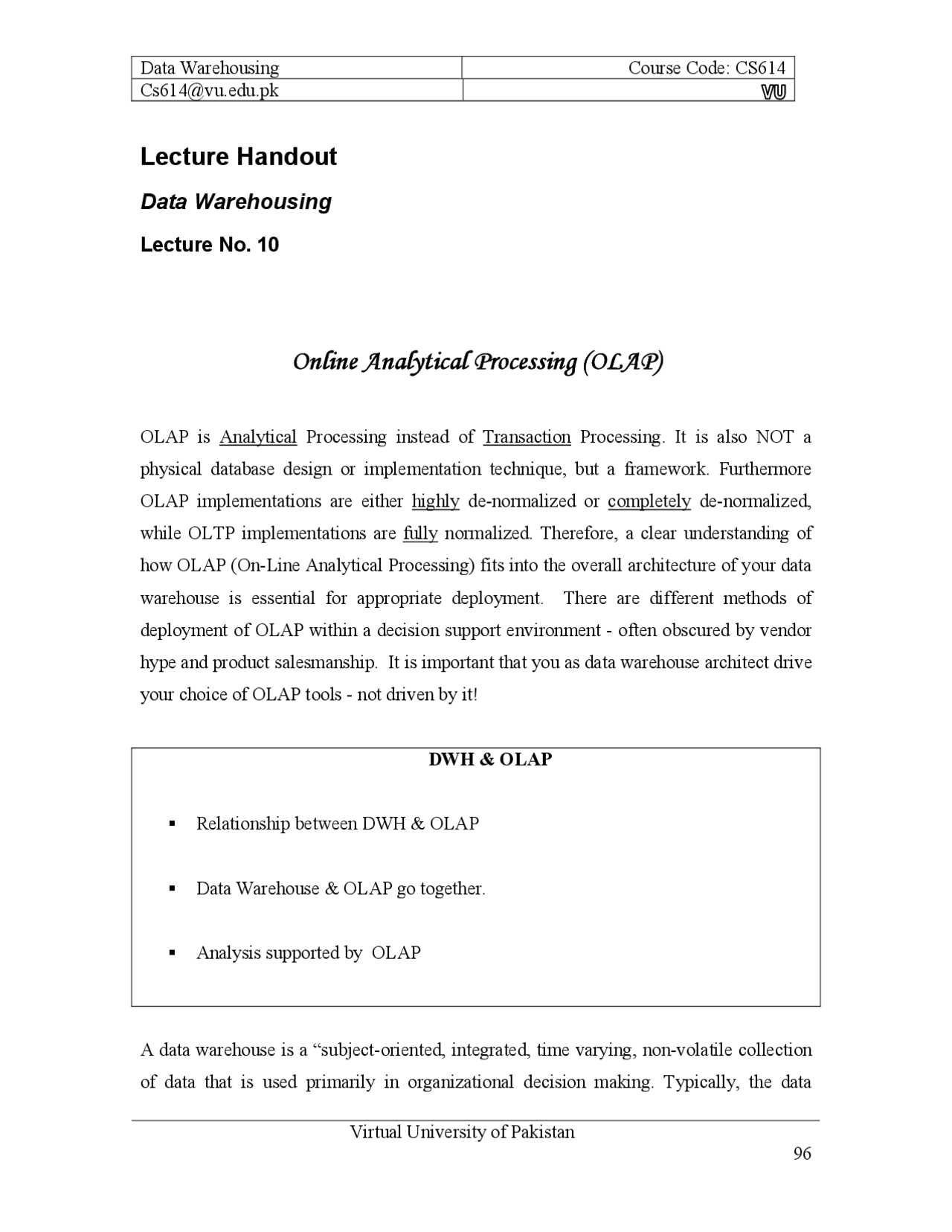 Online Analytical Processing - Data Warehousing - Lecture Handouts - Docsity