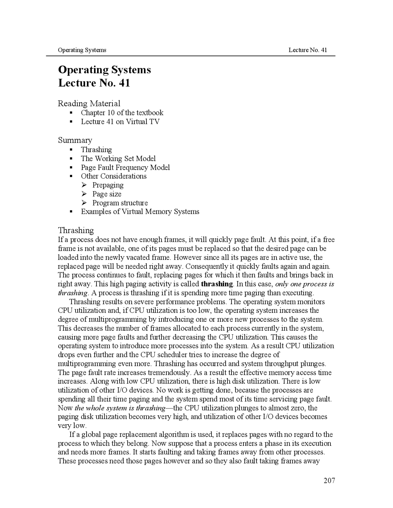 Thrashing Working Set Model Introduction To Operating System