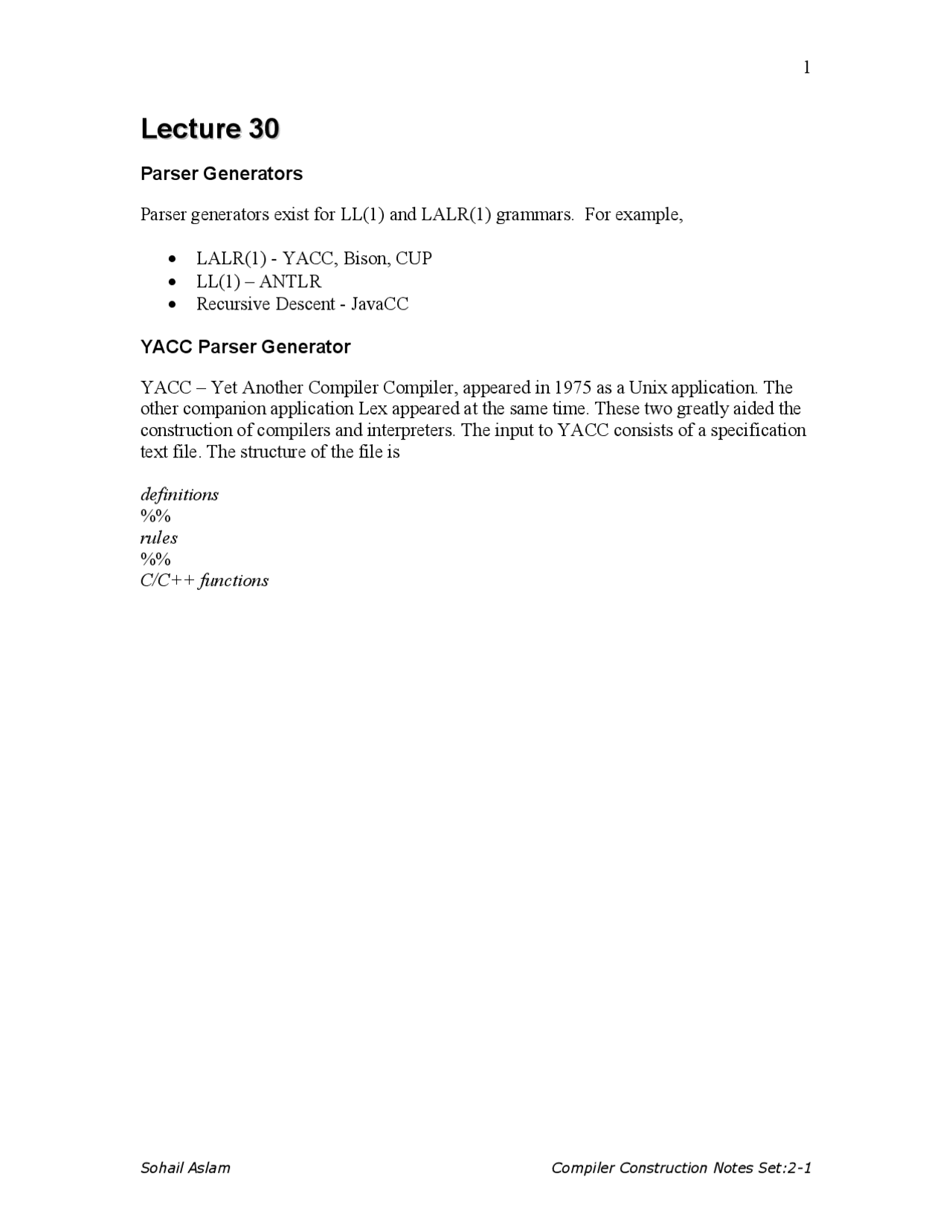 Parser Generators Compiler Construction Lecture Notes Docsity