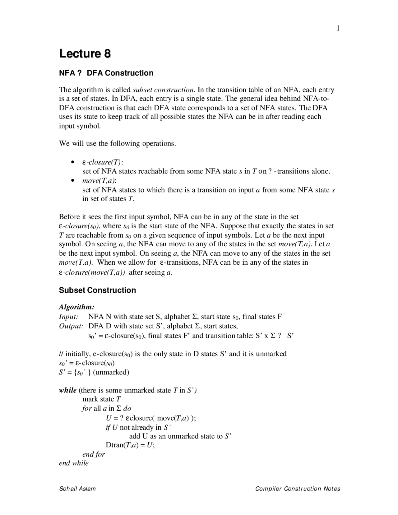 Subset Construction Compiler Construction Lecture Notes Docsity