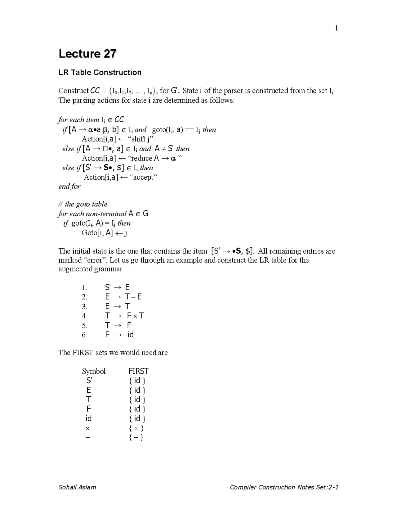Lr Table Construction Compiler Construction Lecture Notes Docsity