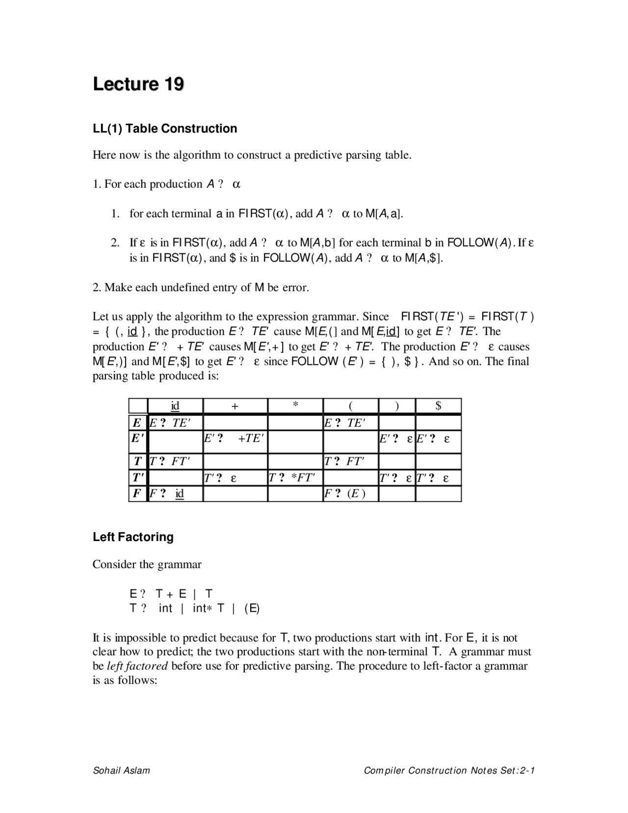 Predictive Parsing Table Compiler Construction Lecture Notes Docsity