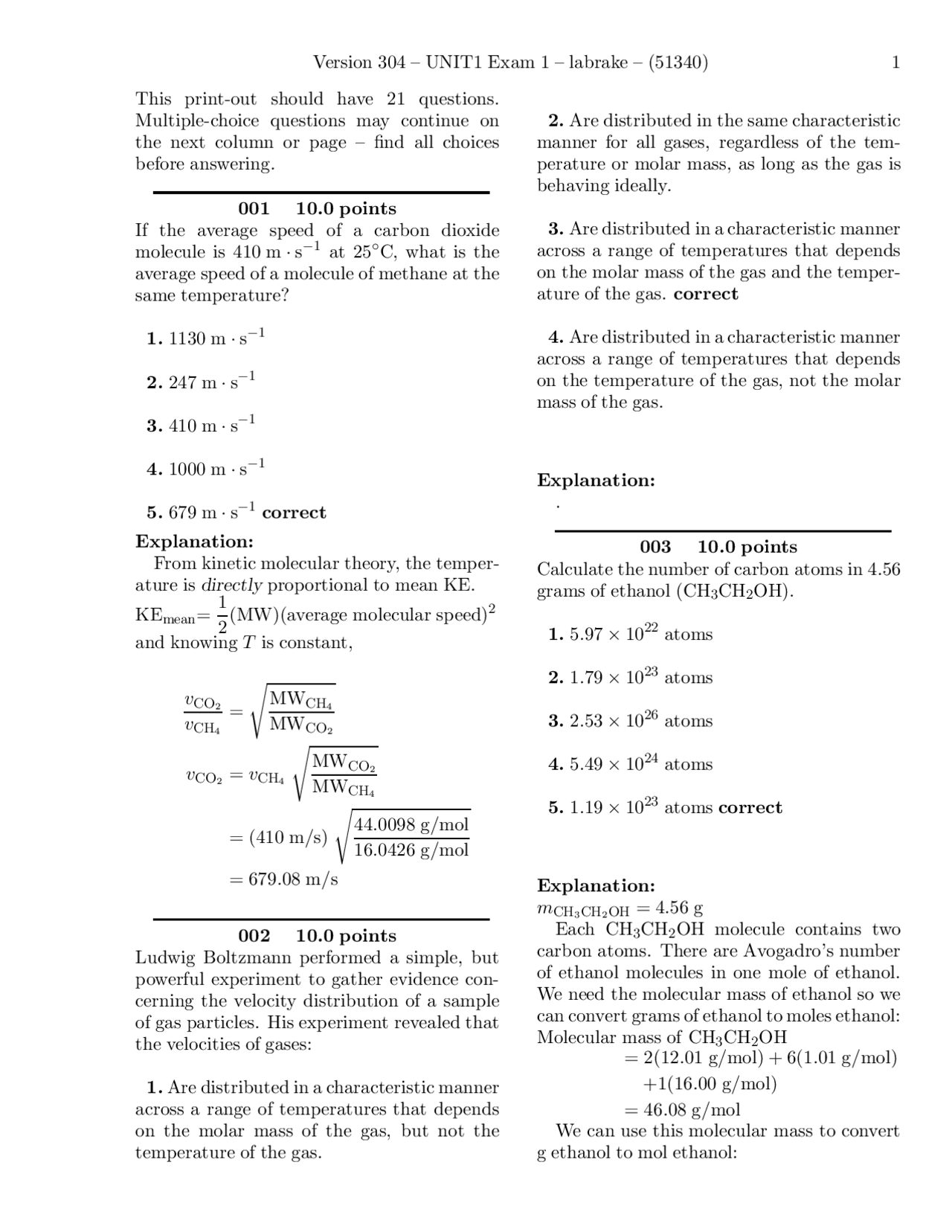 Solved Exam 1 Principles Of Chemistry I Ch 301 Docsity